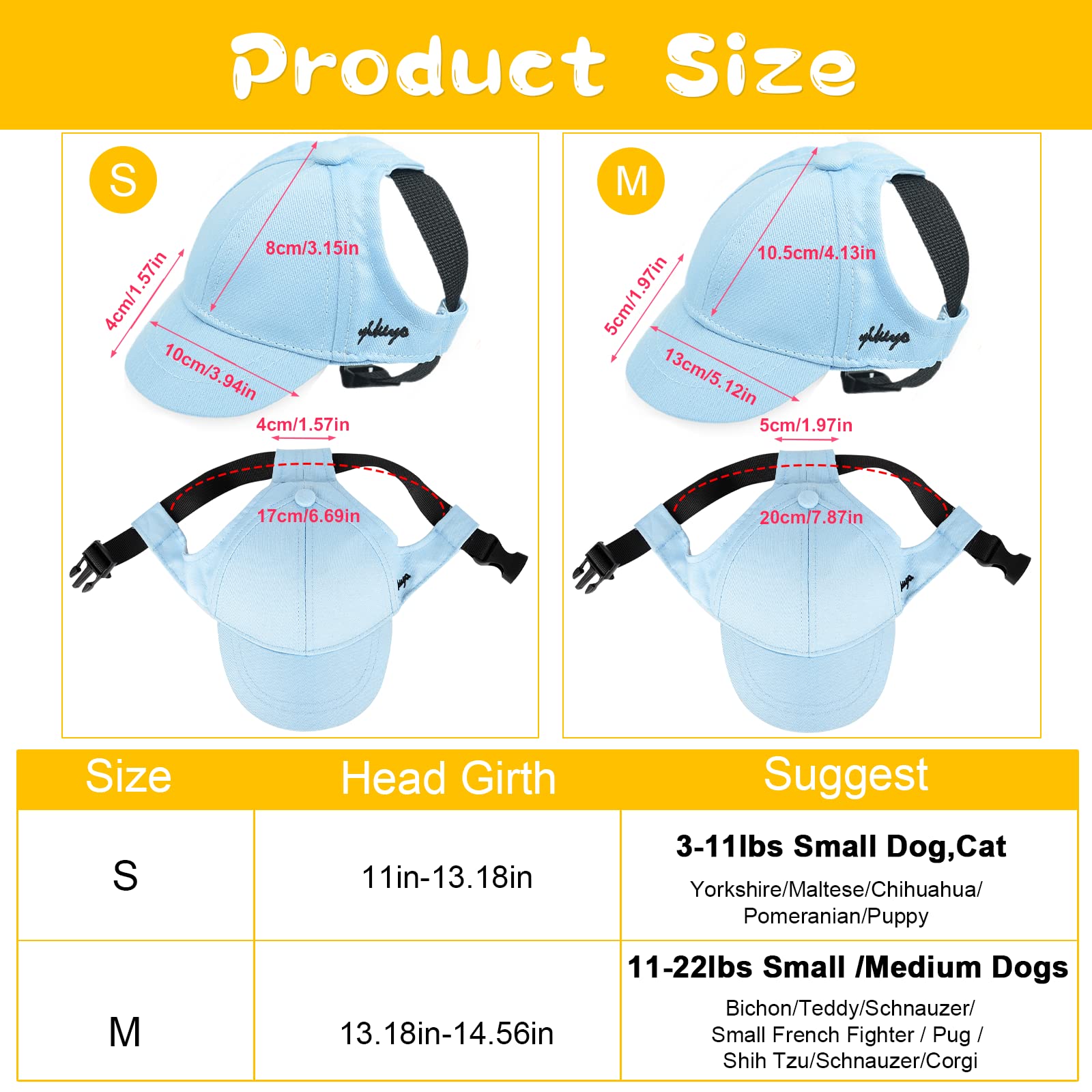 Yikeyo Dog Hat for Small Dogs Dog Sun Hats with Ear Holes, Pet Puppy Baseball Cap for Summer Dog Visor Caps (Small, Blue)