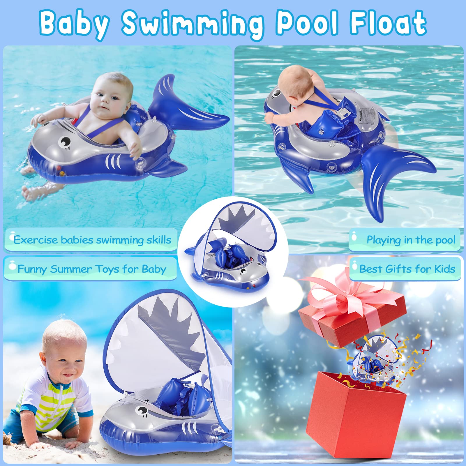Baby Pool Float, Infant Swimming Float with Sun Protection Canopy Inflatable Floaties for Toddlers Shark Baby Swim Floats Ring for Pool Bath Toys for Newborn 3-36 Months