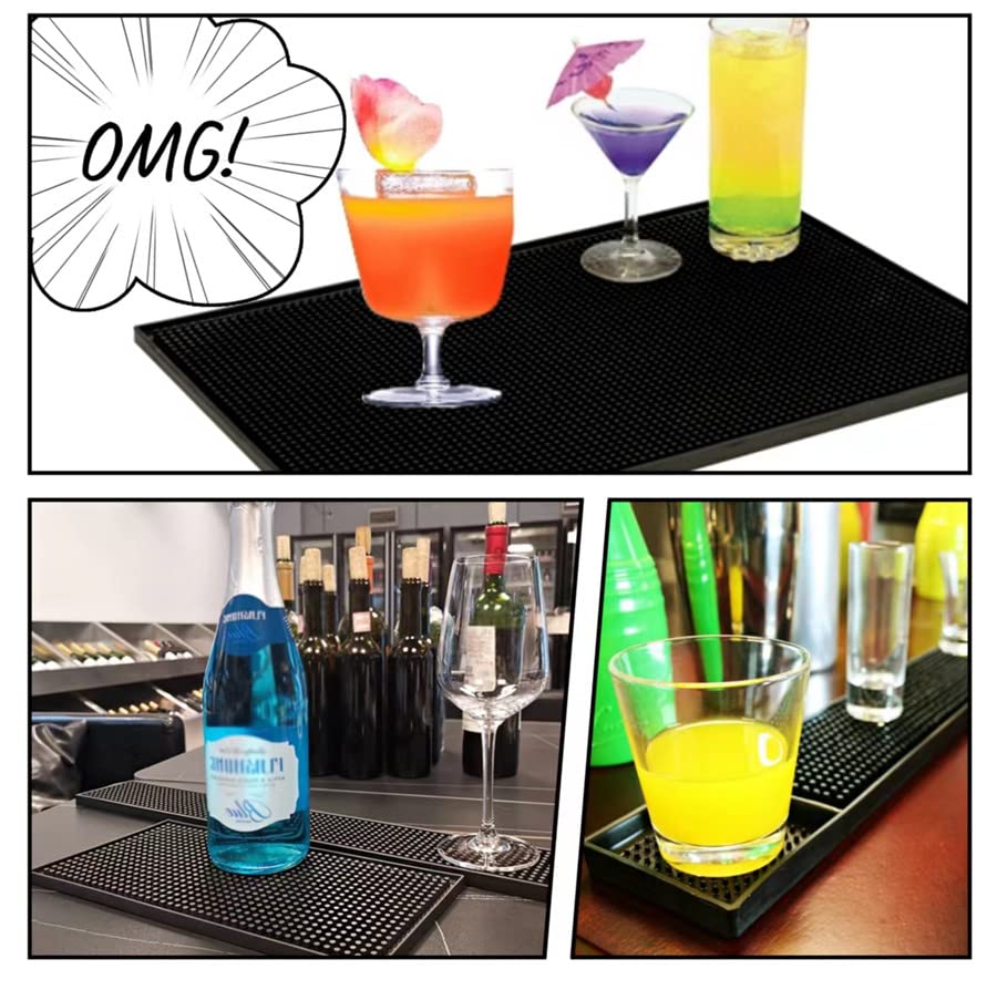 Bar Mat 4Pack IMIYOKU 0.4" Thick Durable Bar Mat for Spills Service Mat for Coffee Bars Restaurants and Counter Top Dish Drying Mat Glass Drying Mat (Black 1PC/18" x 12" +1PCS/23" x 3" +2PC/12" x 6")