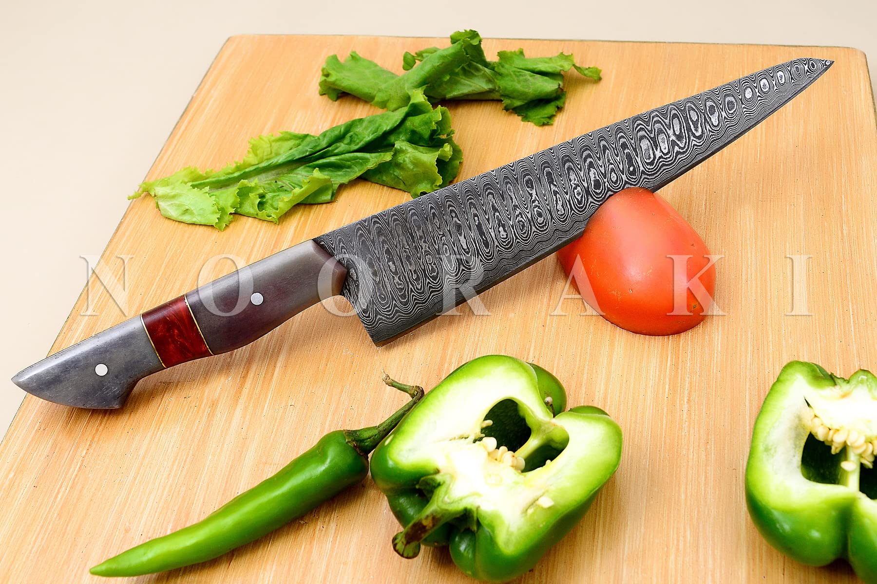 Nooraki KCK335 Hand Forged Damascus Steel Chef Knife Ladder Pattern and Cowhide Sheath, Multipurpose Kitchen Knives with Full Tang Coloured Bone and red resin sheath Handle 12" Length