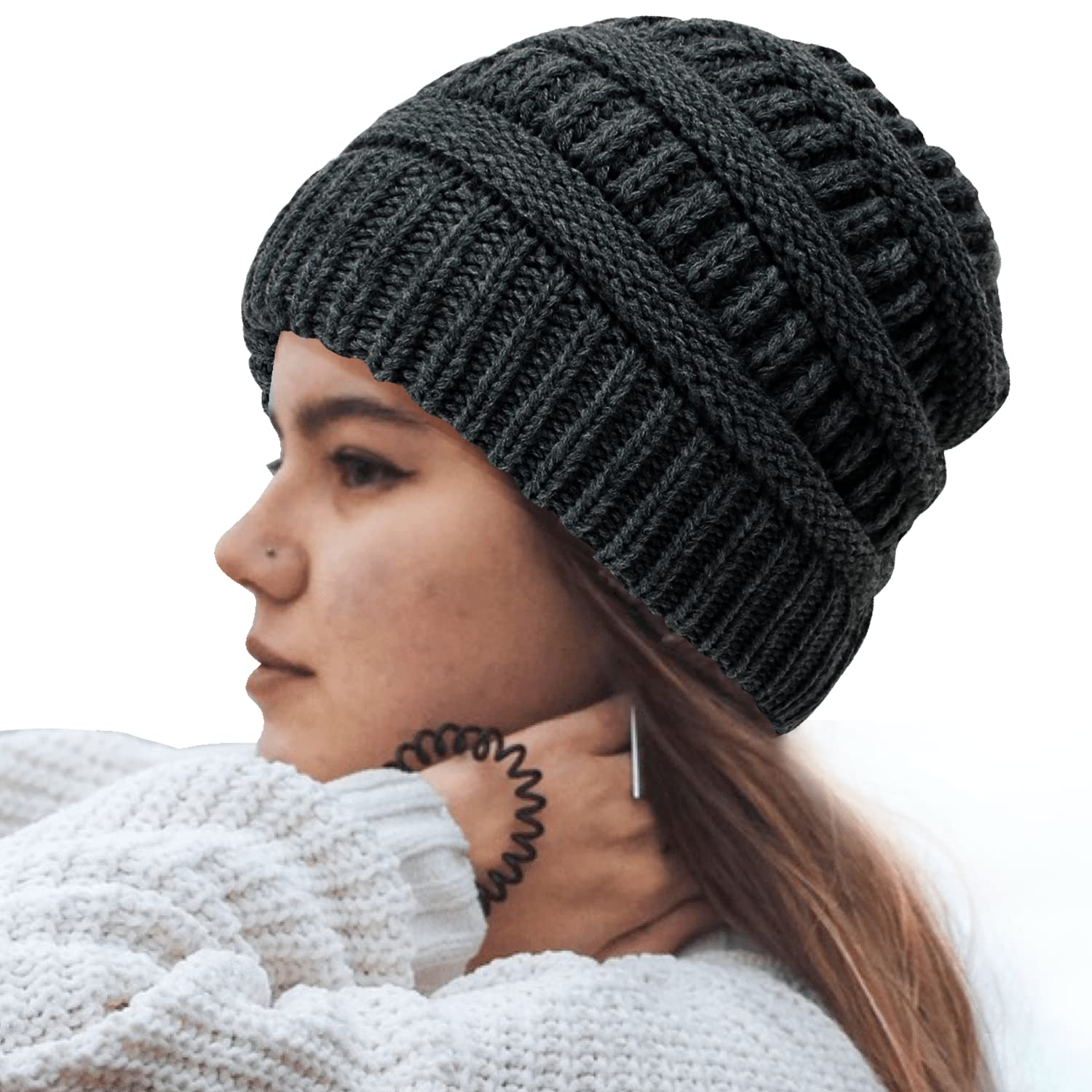 BELTONI Winter Cable Knit Beanie, Warm and Soft Hat Cap for Women, Frizz-Free with Satin Lining Black