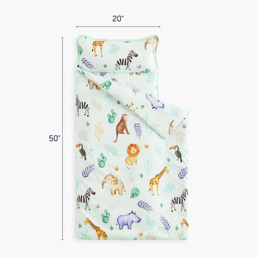 Wake In Cloud - Nap Mat with Removable Pillow for Kids Toddler Boys Girls Daycare Preschool Kindergarten Sleeping Bag, Elephant Lion Zebra Animals Printed on Green,100% Soft Microfiber