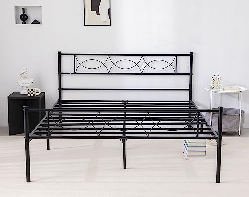 Black Metal Bed Frame Queen Size with Headboard Modern Platform Bed Sturdy and Easy Assembly No Box Spring Needed