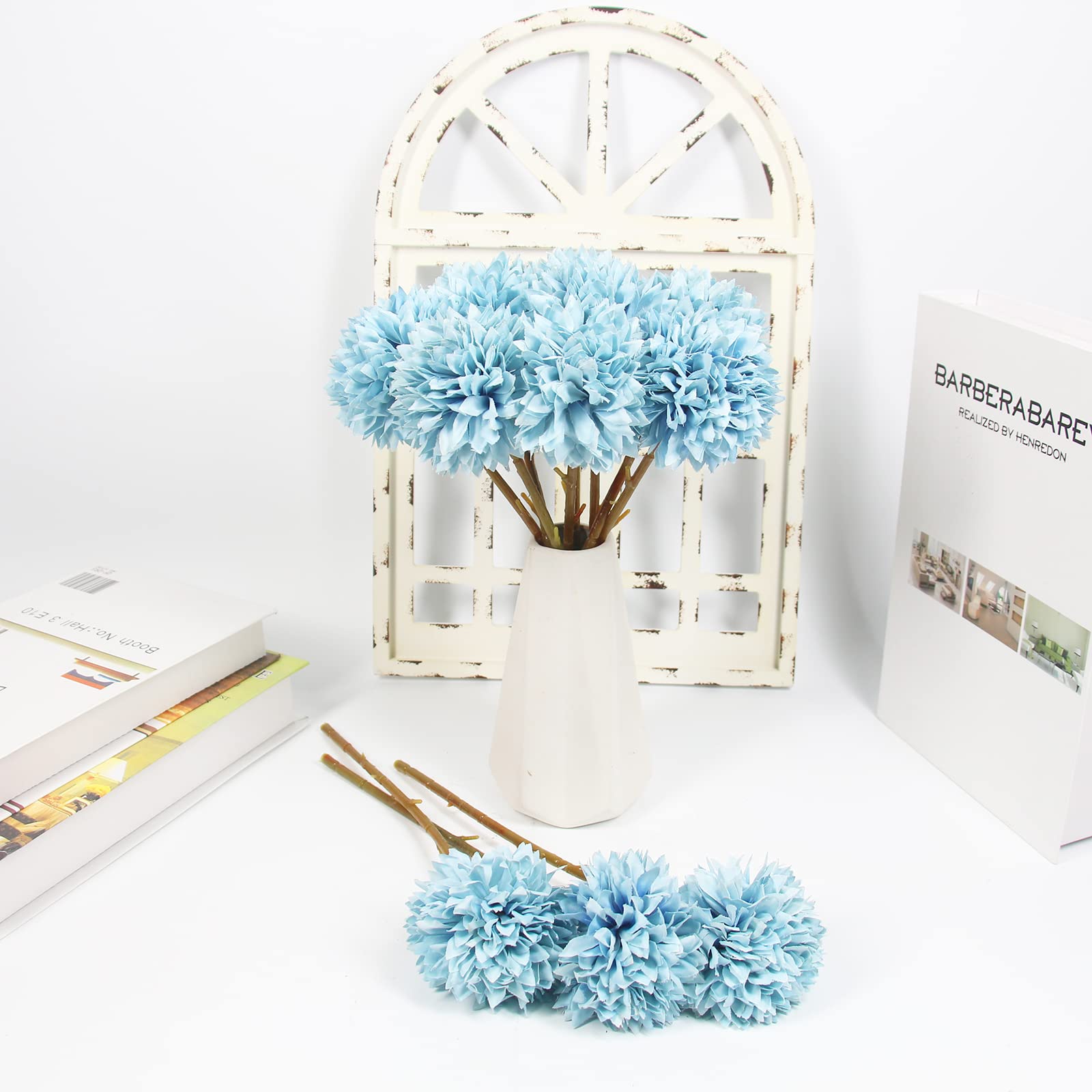 Tinsow 12 Pcs Artificial Flowers Faux Ball Chrysanthemum Bouquet Silk Light Blue Flowers Bridal Wedding Bouquet for Home Easter Party Wedding Decoration (Light Blue, 12)
