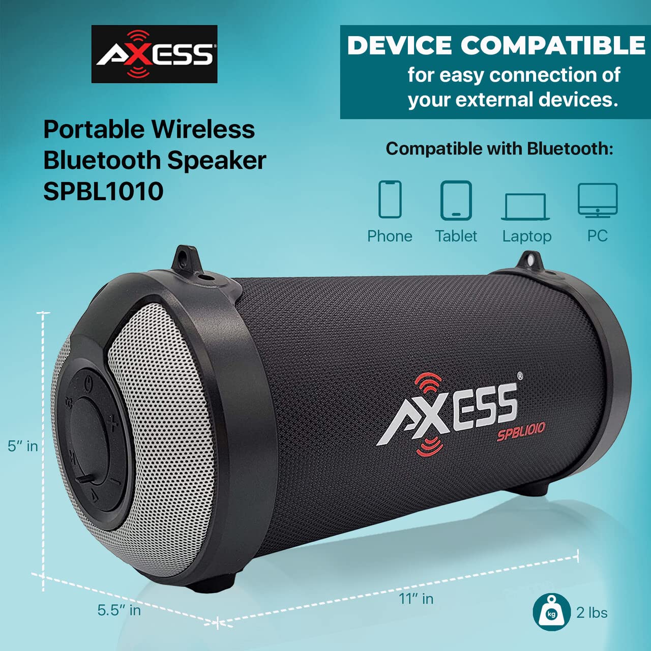 Axess Portable Wireless Bluetooth Speaker β USB C, FM Radio, & Aux Inputs 3β Speaker for Rich Sound & Bass with LED Lights, TWS+ Link, Good for Home Or Outdoor Use SPBL1010 Small Bluetooth Speaker