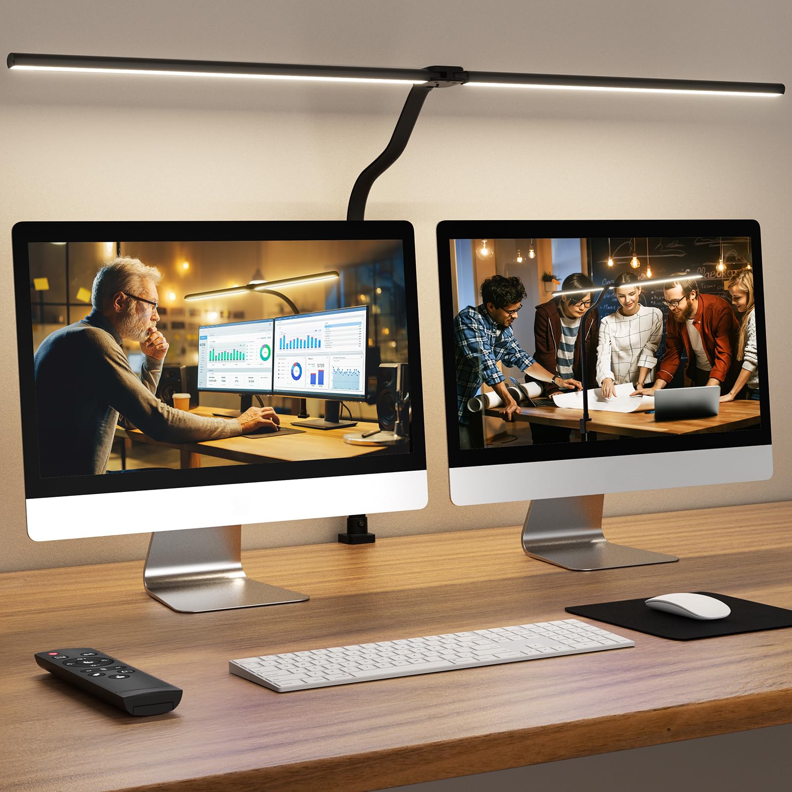 APMIEK LED Desk Lamp for Home Office, 24W Remote Control Computer Desk Light Bright Desktop Lamp Multi Lighting Modes Dimmable Clamp Desk Lighting for Work with Adjustable Gooseneck, Double Head,Black