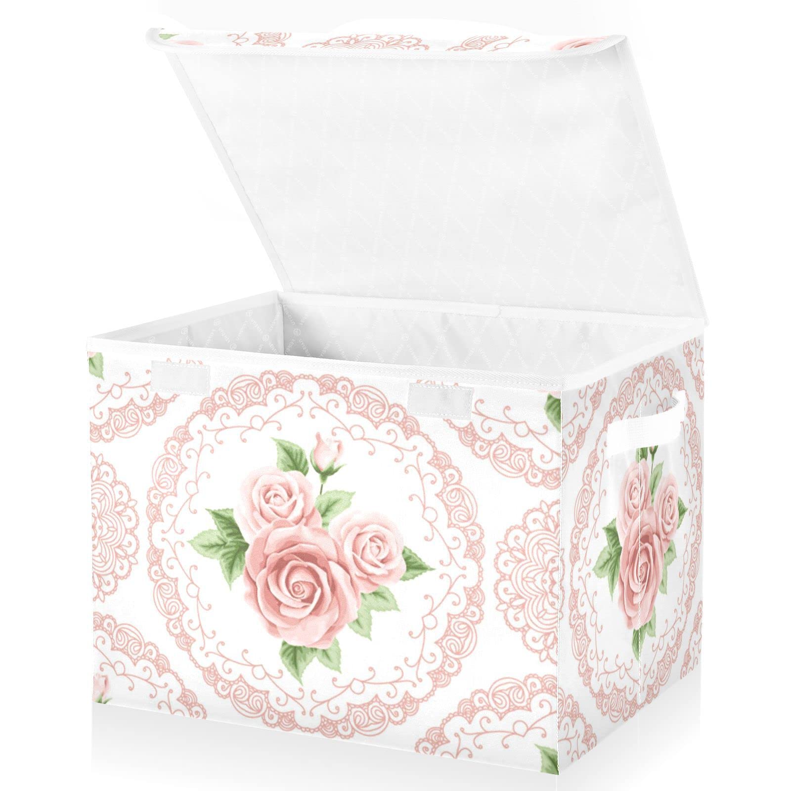 SUABO Pink Rose Storage Bin with Lid Large Oxford Cloth Storage Boxes Foldable Home Cube Baskets Closet Organizers for Nursery Bedroom Office