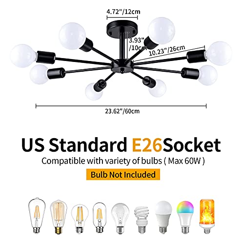 Black Modern Sputnik Chandelier Ceiling Light 8-Light Sputnik Light Fixture Black Mid Century Semi Flush Mount Celing Lights Fixture for Living Dining Room Bedroom Kitchen Foyer Office
