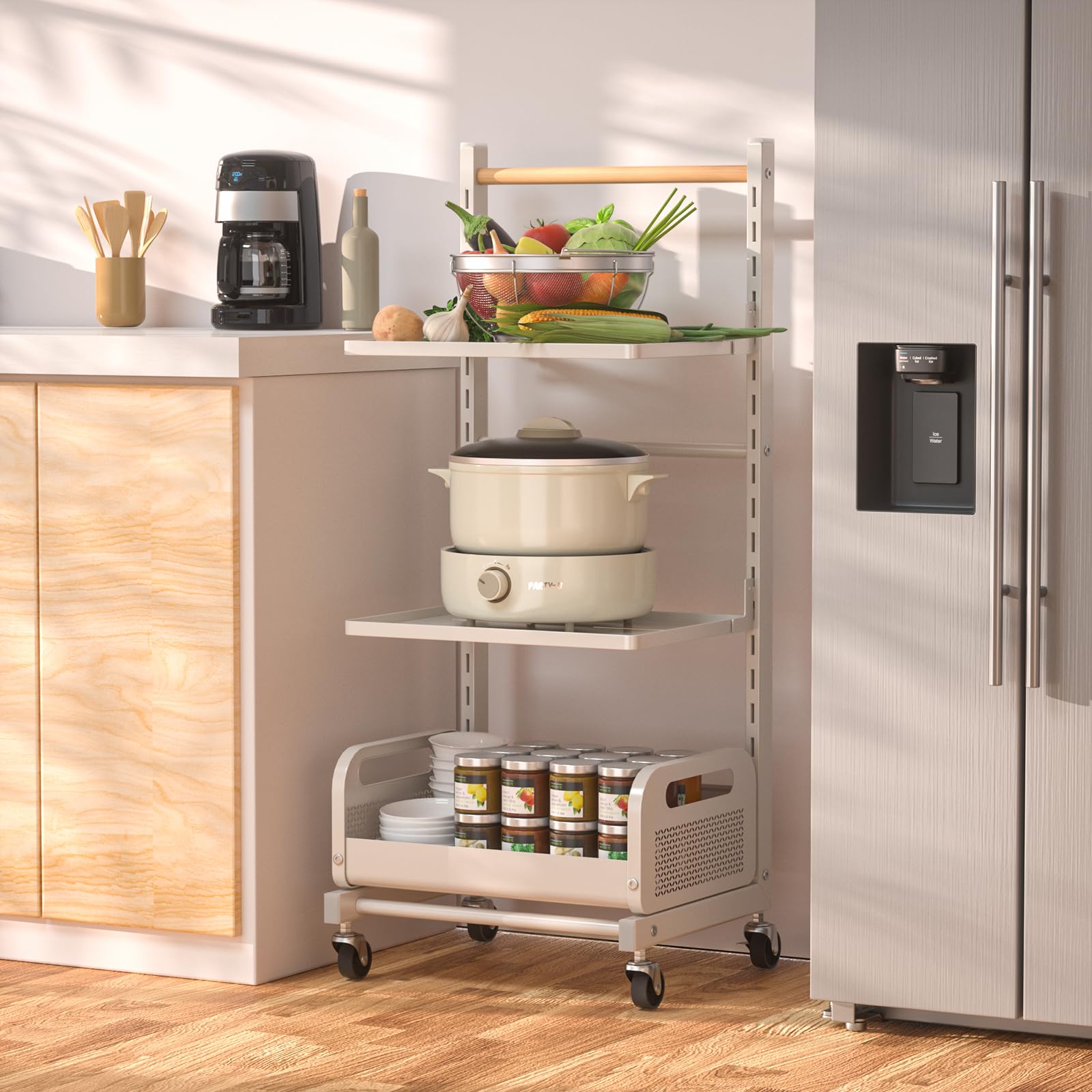 Aratan 3 Tier Rolling Cart, Small Utility Cart on Wheels, White Detachable Kitchen Cart Storage Organizer Cart with Wooden Handle for Home, Office and Classroom