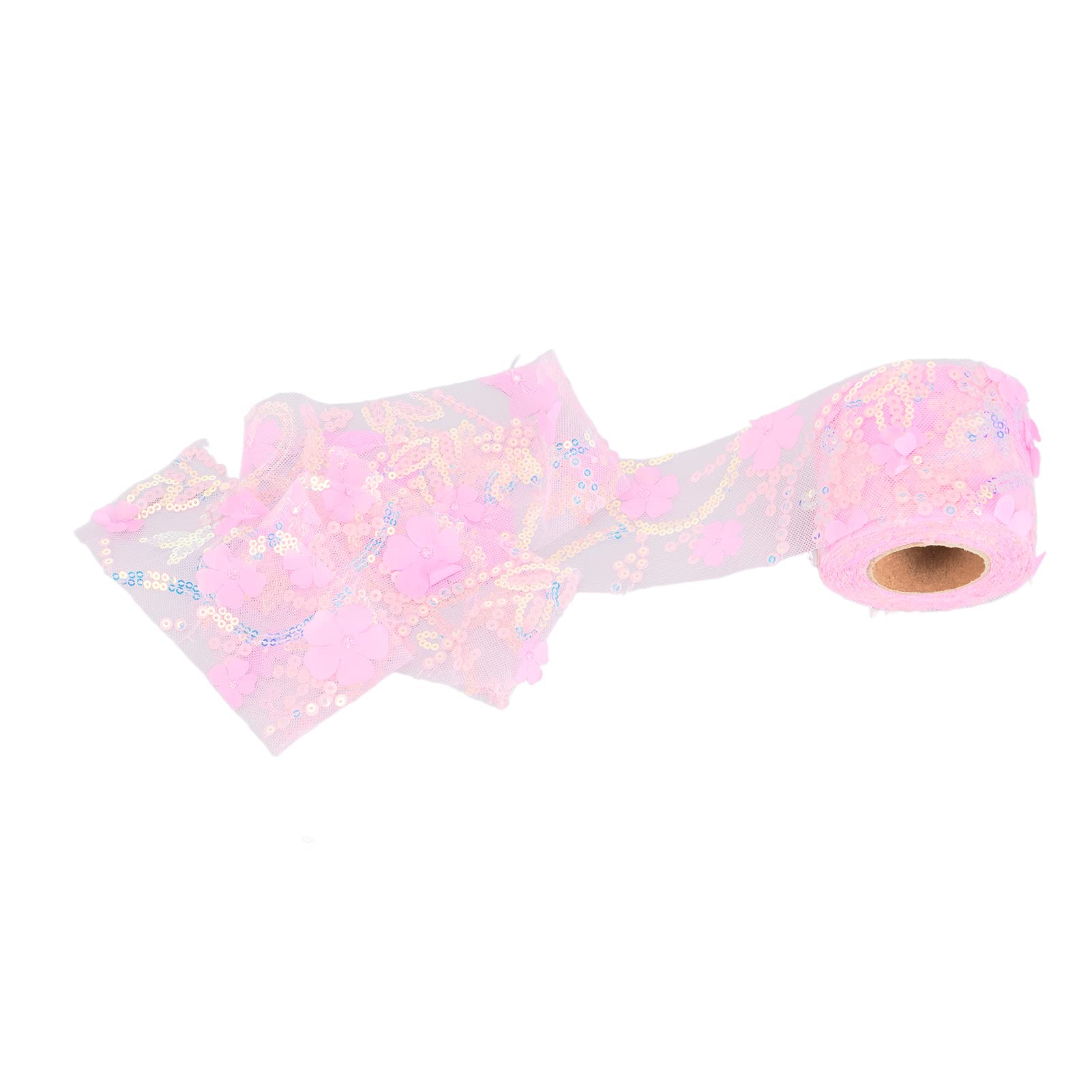 Wene Tulle Roll, Spool Tulle Fabric Shiny Flexible Embroidered Sequins Flowers for DIY Clothing for Handicraft Decoration(Deep Pink)