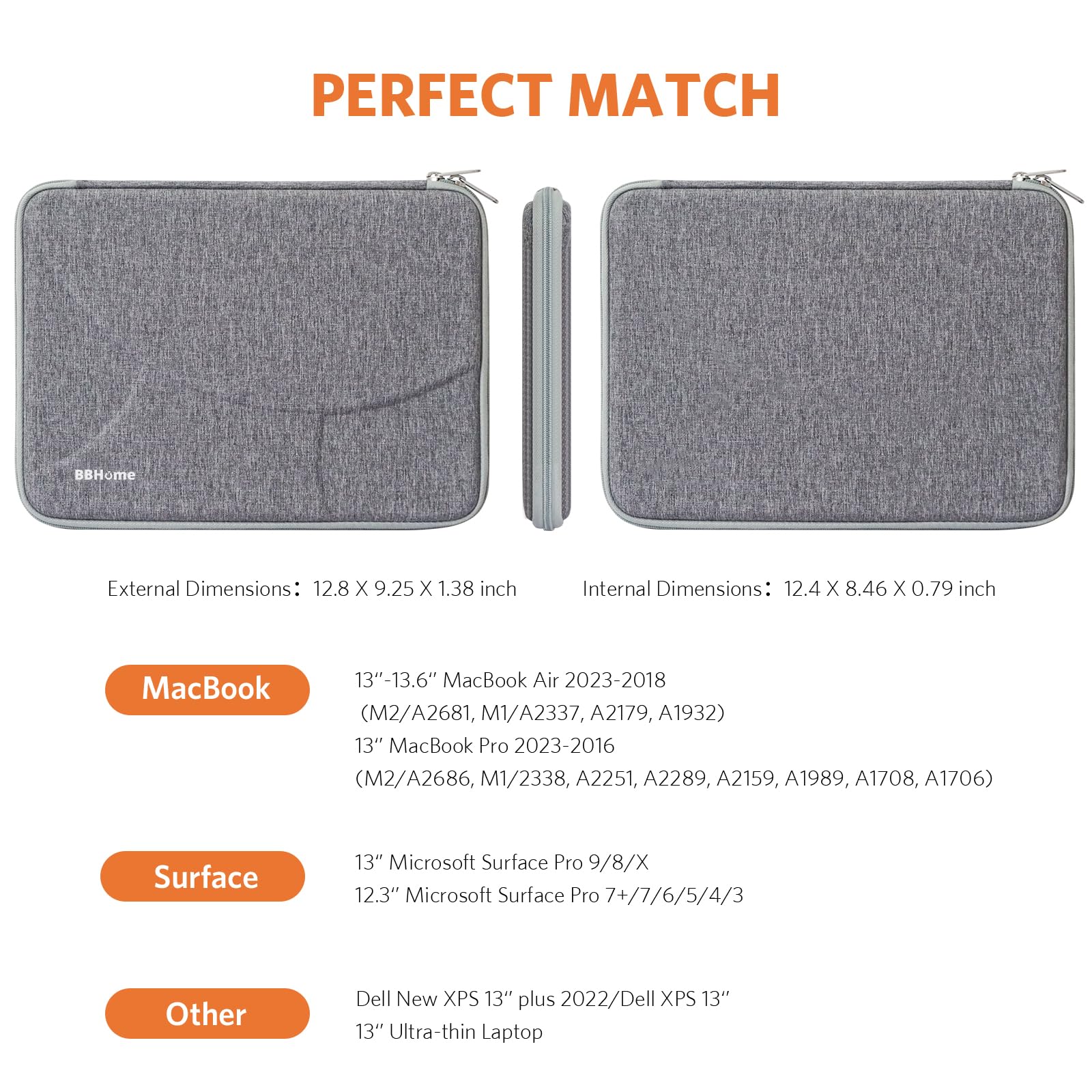 BBHome Hard Shell Protective laptop sleeve for 13 inch MacBook Air M2/ M1 2023-2018, MacBook Pro M2/M1 2023-2016, Water-Resistant Laptop Case for Surface Pro, Dell XPS 13 with Accessory Bag (gray)