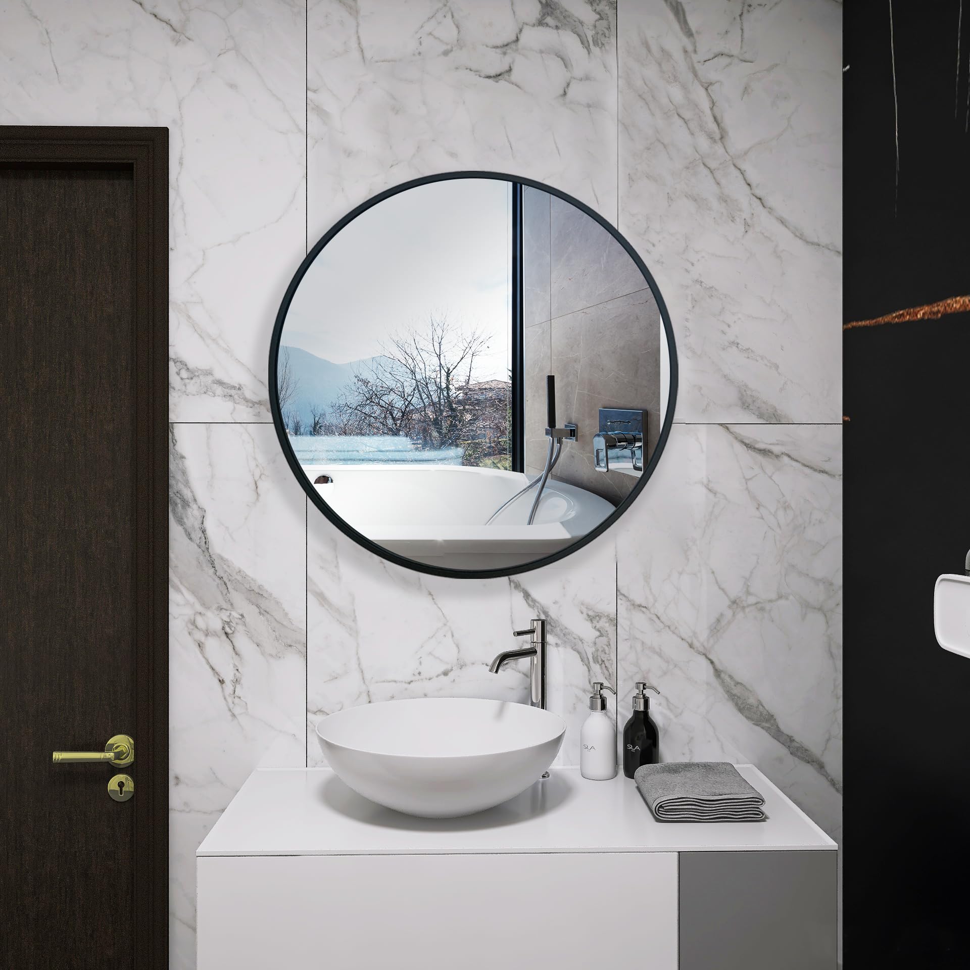 HESONTH 28 x 28 Inch Round Medicine Cabinet Circular Bathroom Mirror Cabinet | Wall Surface Mounted Storage Cabinet | with Farmhouse Black Framed Mirrored Door