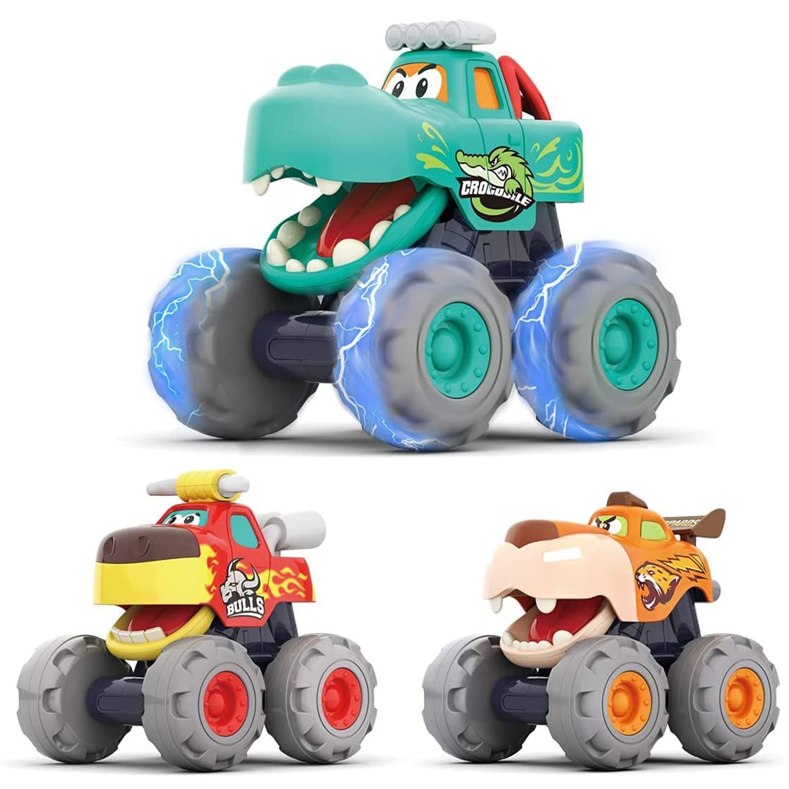 HOLA Toys for 1 + Year Old Boy Gifts, 3 Pack Monster Trucks for Boys Toys for 1 2 + Year Old Boy Girl Gifts, Friction Powered Pull Back Push and Go Toy Cars for Toddler 1-3 Baby Boy Toys 12-18 Months