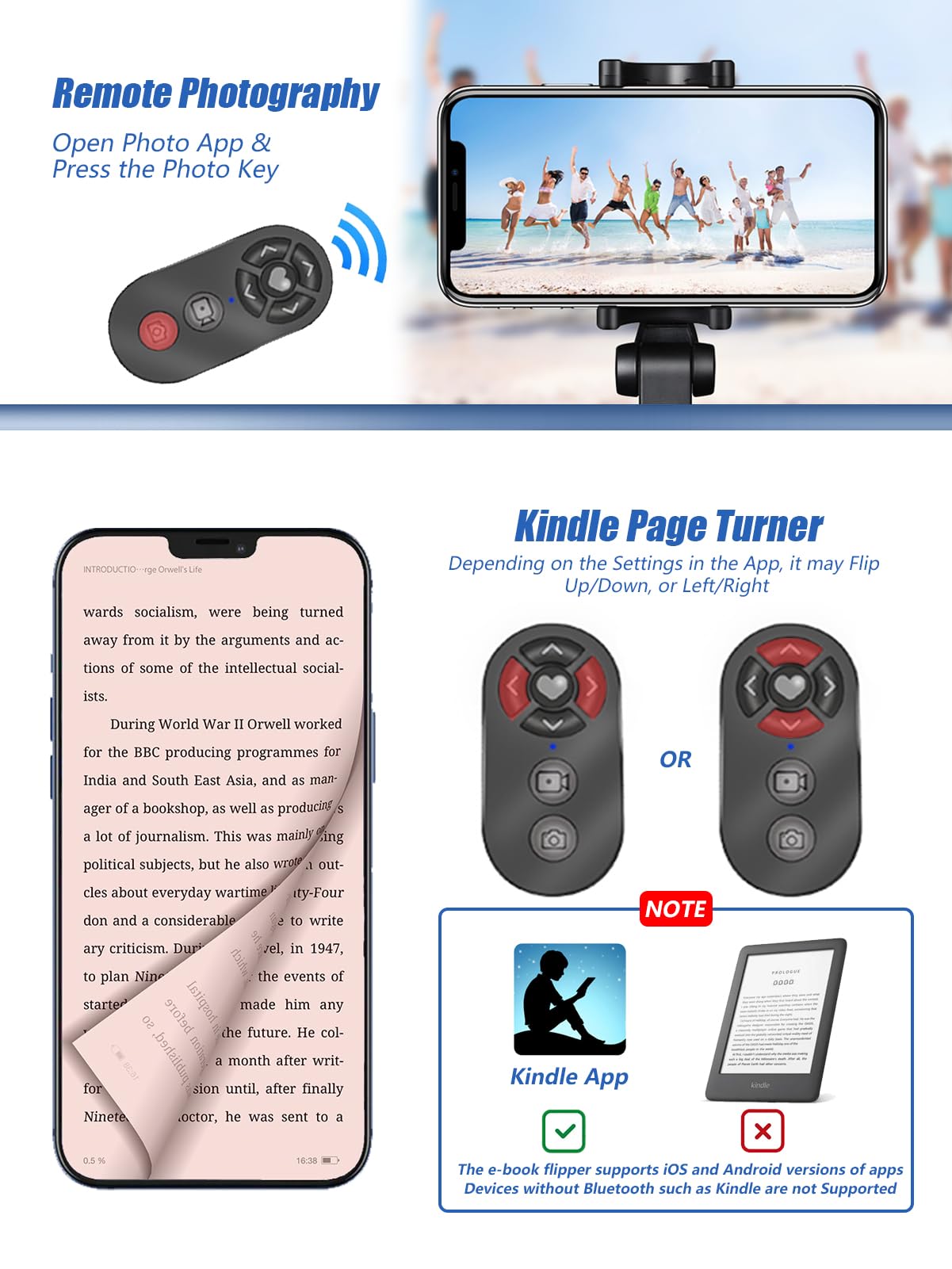 ASHUTB [Upgraded 7-Key] TikTok Remote Control Bluetooth Camera Video Recording Controller,Kindle App Page Turner Wireless Selfie Shutter Photo Clicker Black,Beauty-R1,2.36x1.18 0.39 in