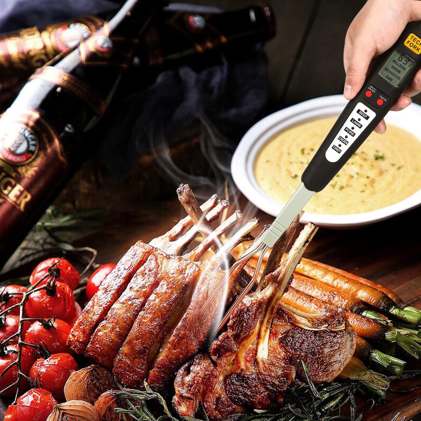Beyond Group 80-09 Digital Meat Instant Read Thermometer with LED Screen and Ready Alarm, Kitchen Probe with Long Fork for Grilling, Barbecue and Cookin, l, white