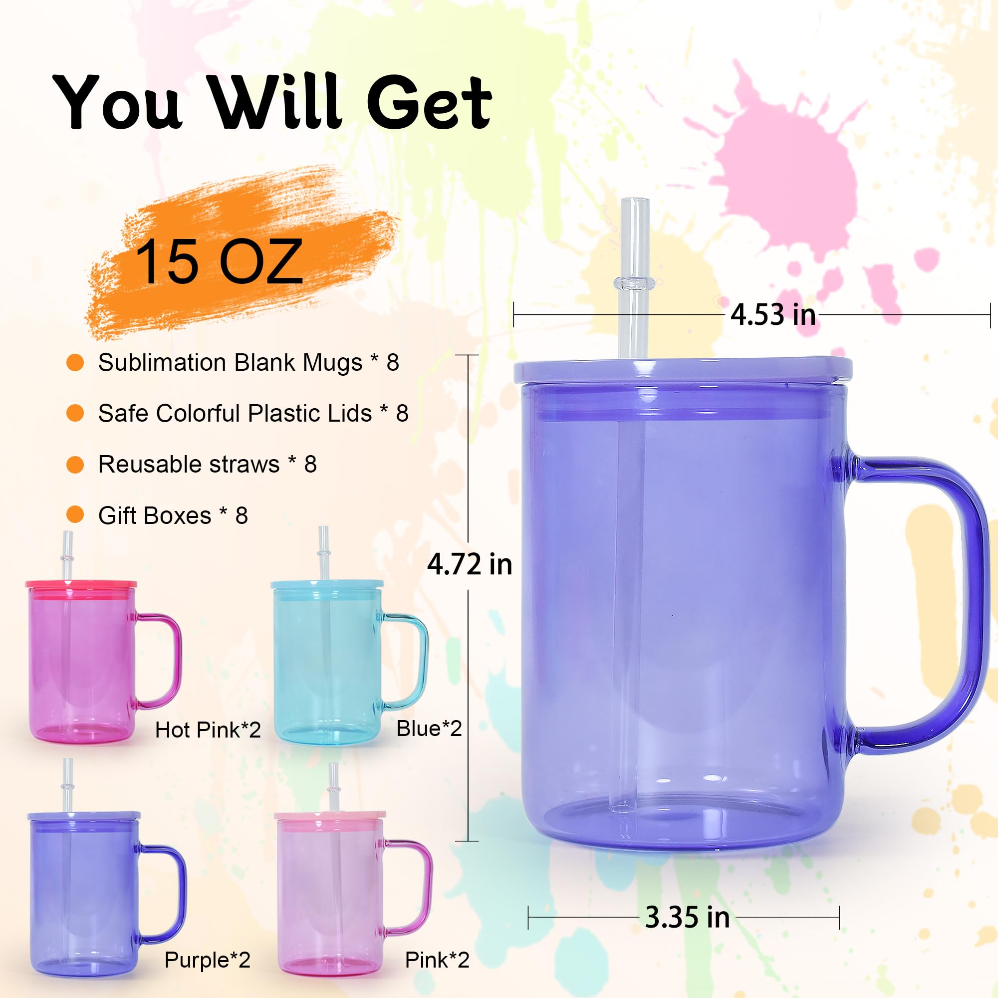 FECBK 15 oz Sublimation Glass Mugs Set, 8 Pack Colorful Tumblers with Handle, Lids & Straws, Reusable, for Beer, Juice, Iced Coffee