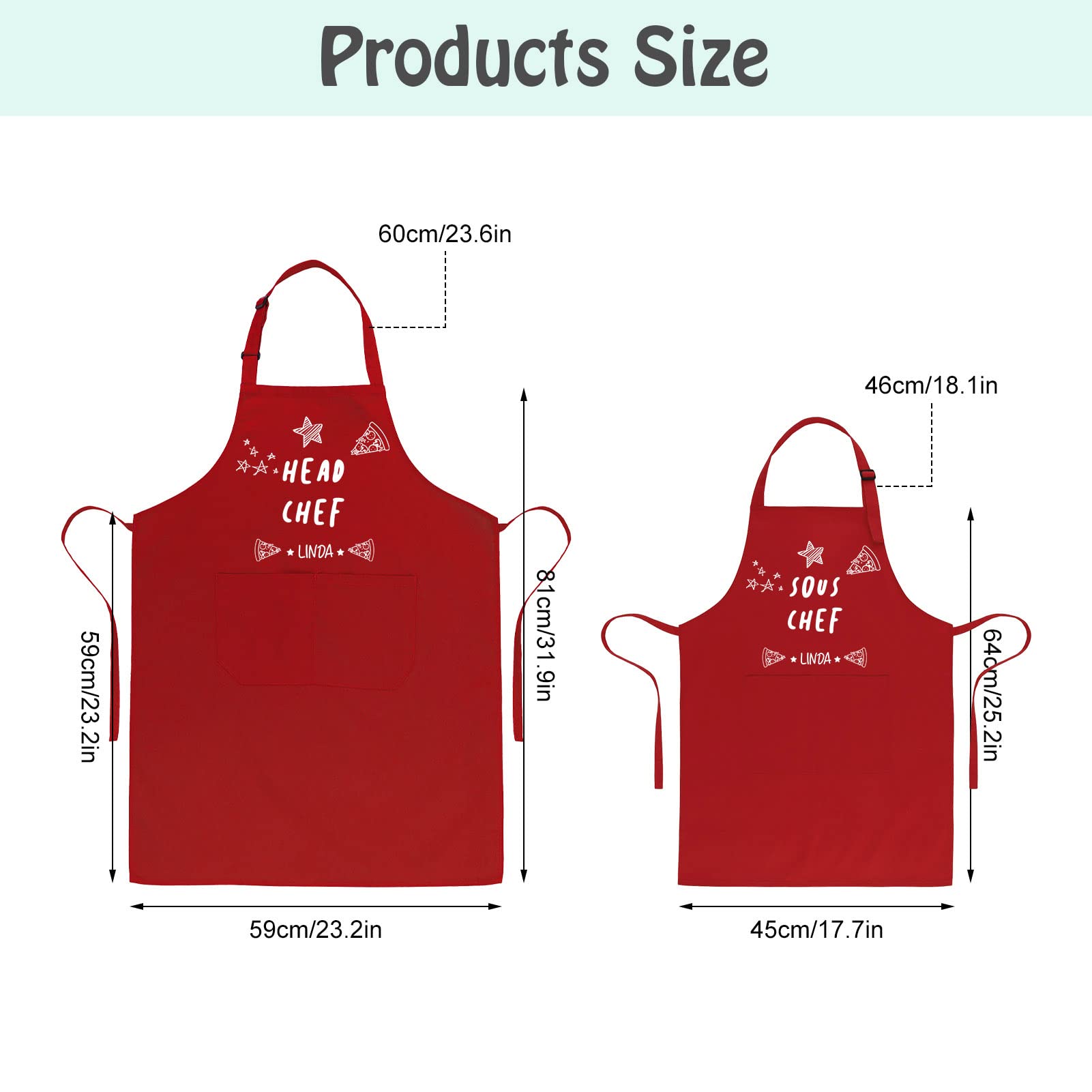 Atdesk Customized 2 Pack Parent-Child Aprons, Matching Family Apron Set, Adjustable Father Son Mummy Daughter Cooking Apron, Head Chef Sous Chef Bib Aprons with Pockets(Red)