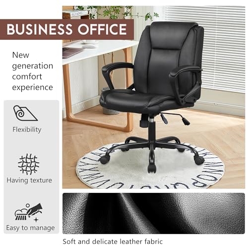 PayLessHere PU Leather Task Chair Home Office Chair Ergonomic Desk Chair with Lumbar Support and Armrests Adjustable Features with Mid Back Swivel Executive Computer Chair (Black)