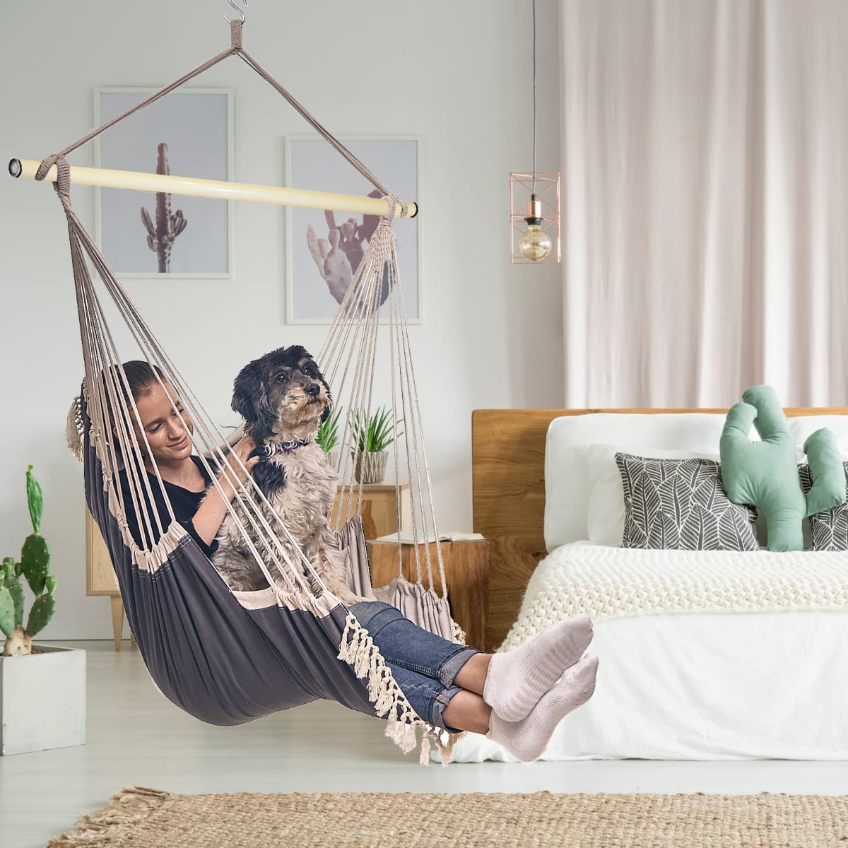 BDECORU Hanging Hammock Chair Swing - Outdoor & Indoor Hammock Swing Chairs for Outside or Inside of Home, Swing Hanging Chair with Footrest - Includes 2 Cushions, Bag, & Hanging Kit - Gray Beige