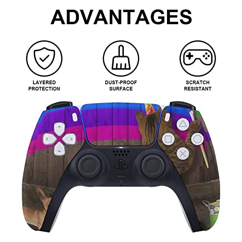 Beige Cat Unicorn Drawing Rainbow Full Protective Skin Cover Design Wrap Decal Sticker Compatible with PS5 Disk Version Console and Controller