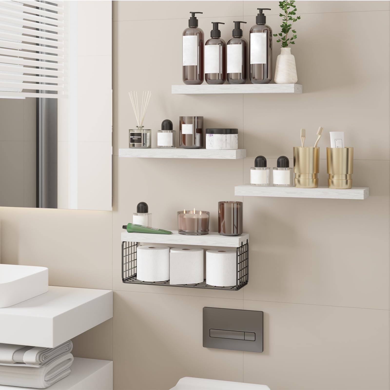 Fixwal Bathroom Floating Shelves, 4+1 Tier 15.7in Rustic Wood Wall Shelf Over Toilet with Invisible Brackets, Farmhouse Wall Decor (Gray)