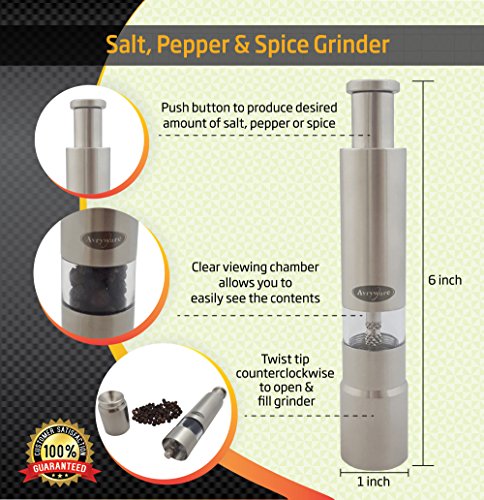Avryware Stainless Steel Refillable Spice Grinder Mill For Salt, Pepper, and Seasoning - Thumb Operated Push Button For One Hand Grinding