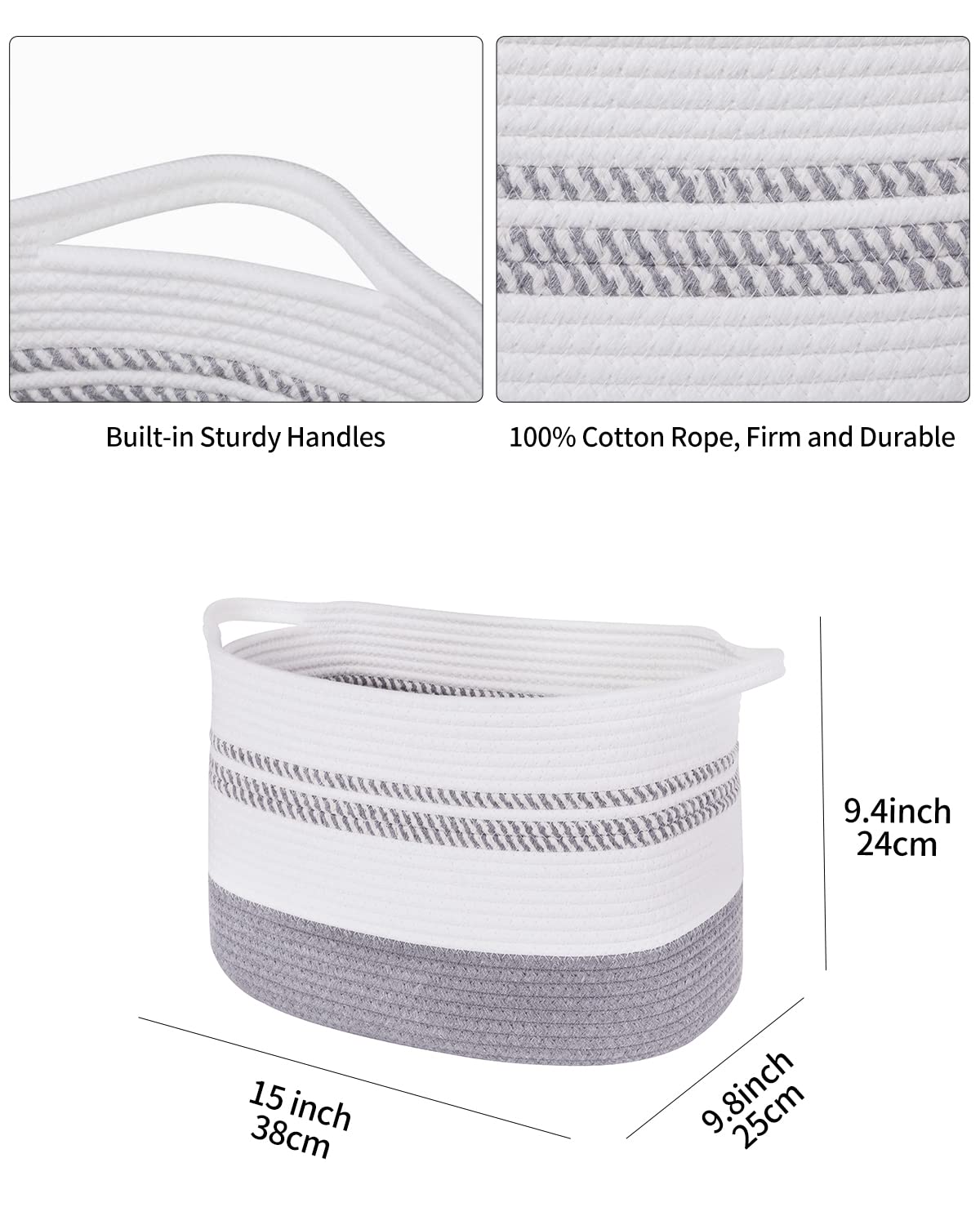 HONIZER Woven Baskets for Storage, 3-Pack Cotton Rope Storage Basket with Handles, Labels, Oval Toy Storage Bins for Cube Organizer, Stuffed Animal Storage Baskets for Shelf, Closet, Bedroom - Grey