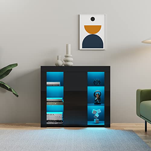 BUTURCAR Kitchen Buffet Storage Cabinet, Modern Dining Room Sideboard Cabinet, Hallway Living Room Display Cabinet - Black High Gloss Buffet Cabinet with Storage, Door, and LED Light