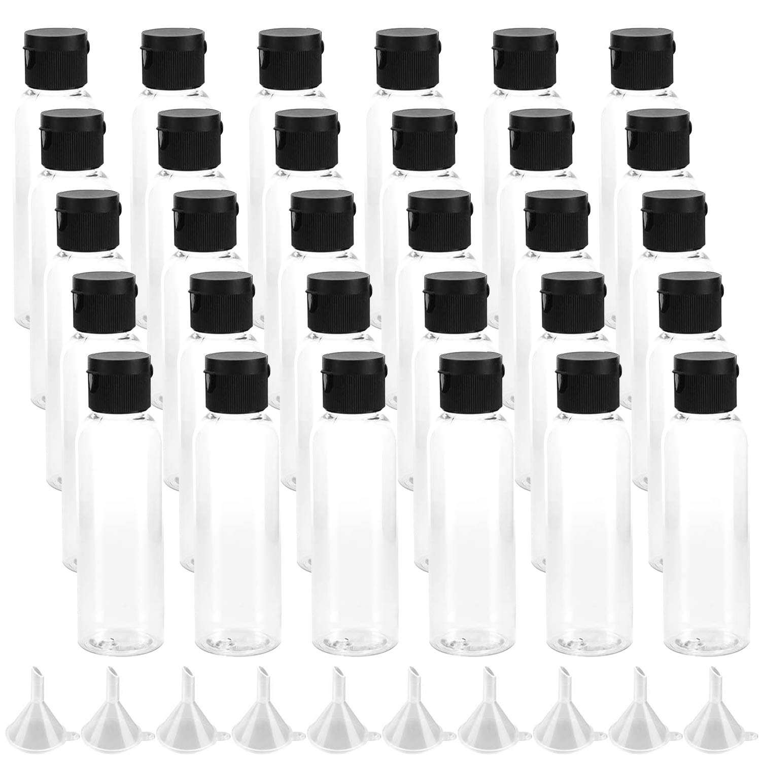 Bekith 30 Pack 2 oz Plastic Empty Lotion Containers Clear Travel Bottles with Black Flip Cap and 10 Funnels for Shampoo, Conditioner, Lotion