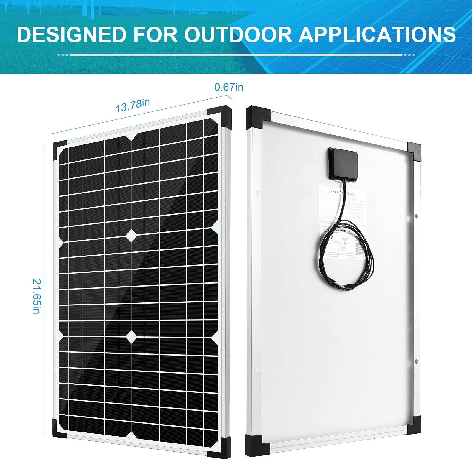 Apowery Solar Panel Kit 30W 12V Monocrystalline,Battery Maintainer +10A Solar Charge Controller + Extension Cable with Battery Clips O-Ring Terminal for RV Marine Boat Off Grid System