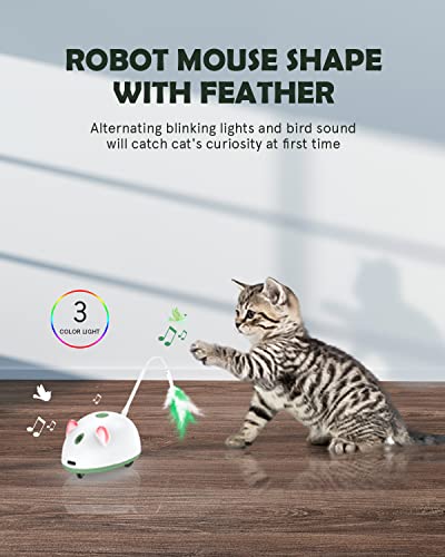 Bumfey 4-in-1 Automatic Cat Mice Toys for Indoor Cats, Interactive Electric Moving Cat Toys with Feather, LED Lights, Bird Sound, Laser, Smart Kitten Toys for Pet Exercise Playing