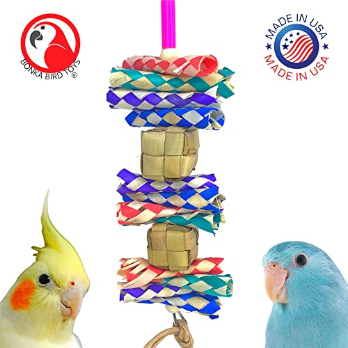 Bonka Bird Toys 3848 Duo Boxy Cube Small Medium Bird Toy Natural Palm Box Crunch Bamboo Treat Traps Forage Chew Cockatiel Parakeet Conure African Grey