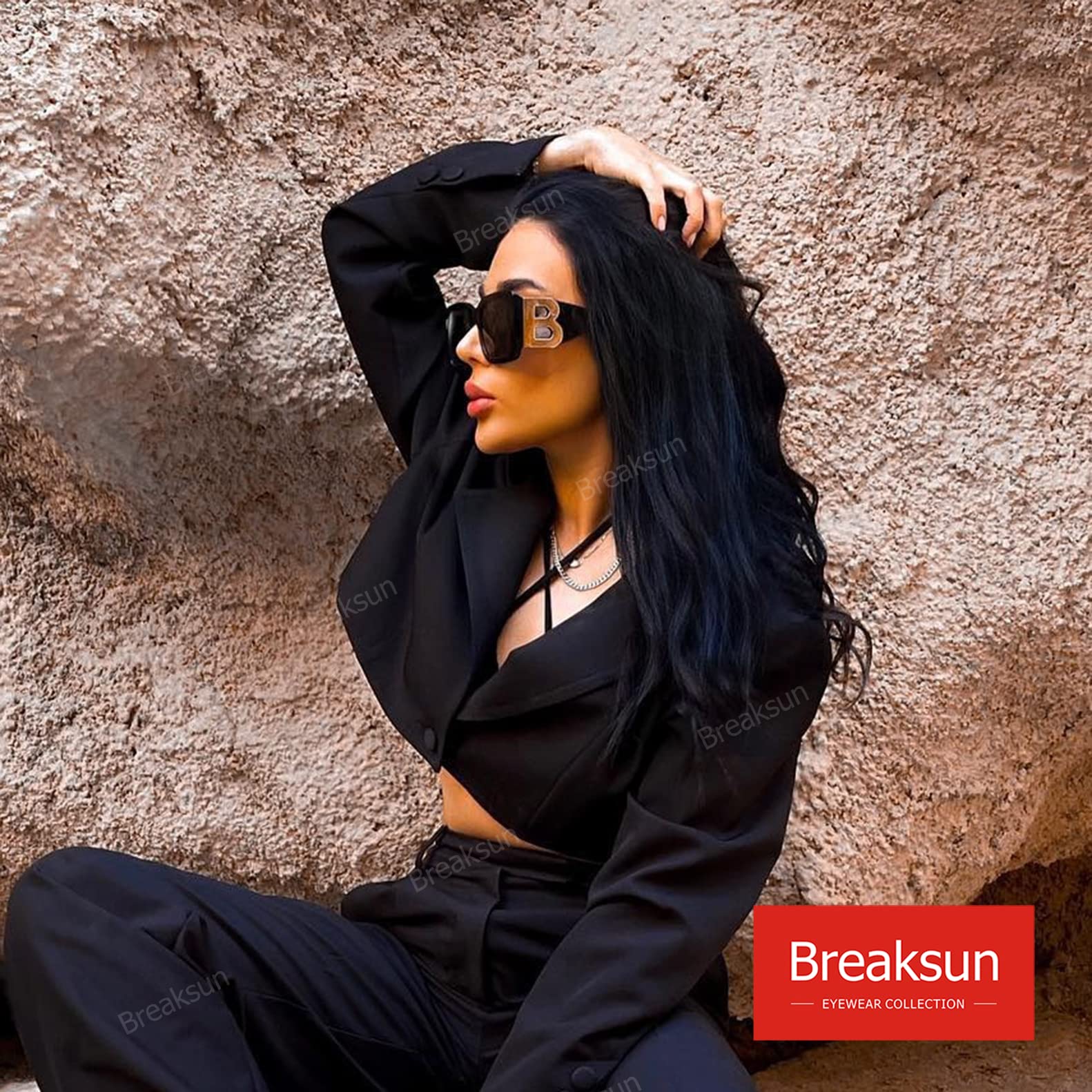 Breaksun Fashion Big Square Sunglasses for Women Men Classic Black Luxury Designer Sun Glasses Thick Frame Gradient Tint (Black/Grey/Gold Character)