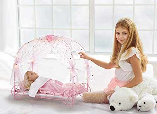 Badger Basket Toy Royal Doll Carriage Bed with Canopy, Bedding, and LED Lights for 18 inch Dolls -Pink/Stars
