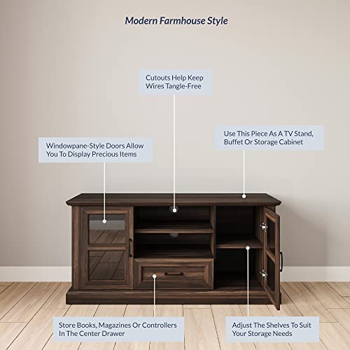 BELLEZE 62" Rustic Modern Sideboard Buffet Storage with Window Pane Glass Cabinet Doors and Adjustable Shelves - Trussati (Dark Walnut)