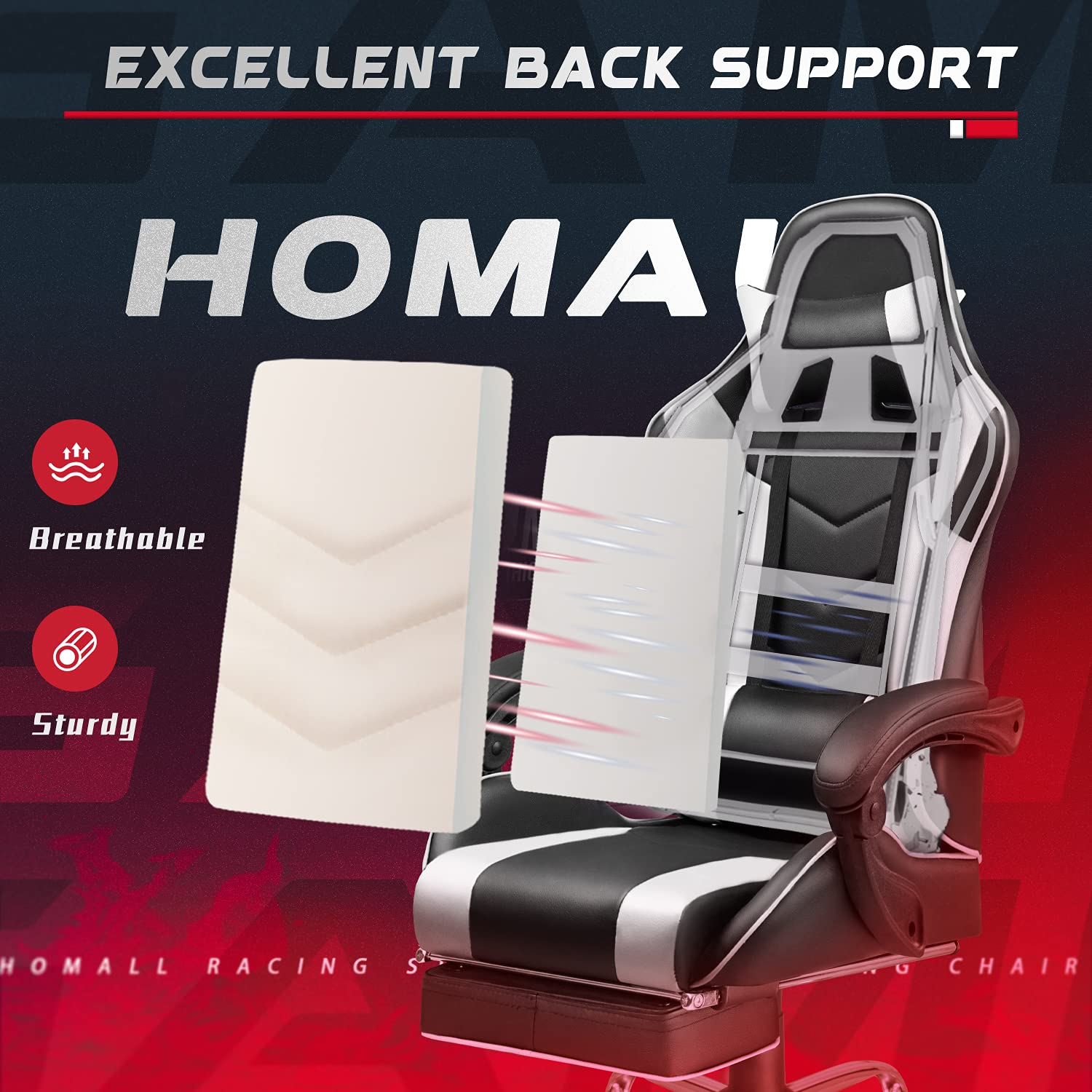 Homall Gaming Chair Computer Chair Racing Style Gaming Chair with Footrest Ergonomic Adjustable Swivel Office Chair High Back Computer Chair with Headrest and Lumbar Support (White)