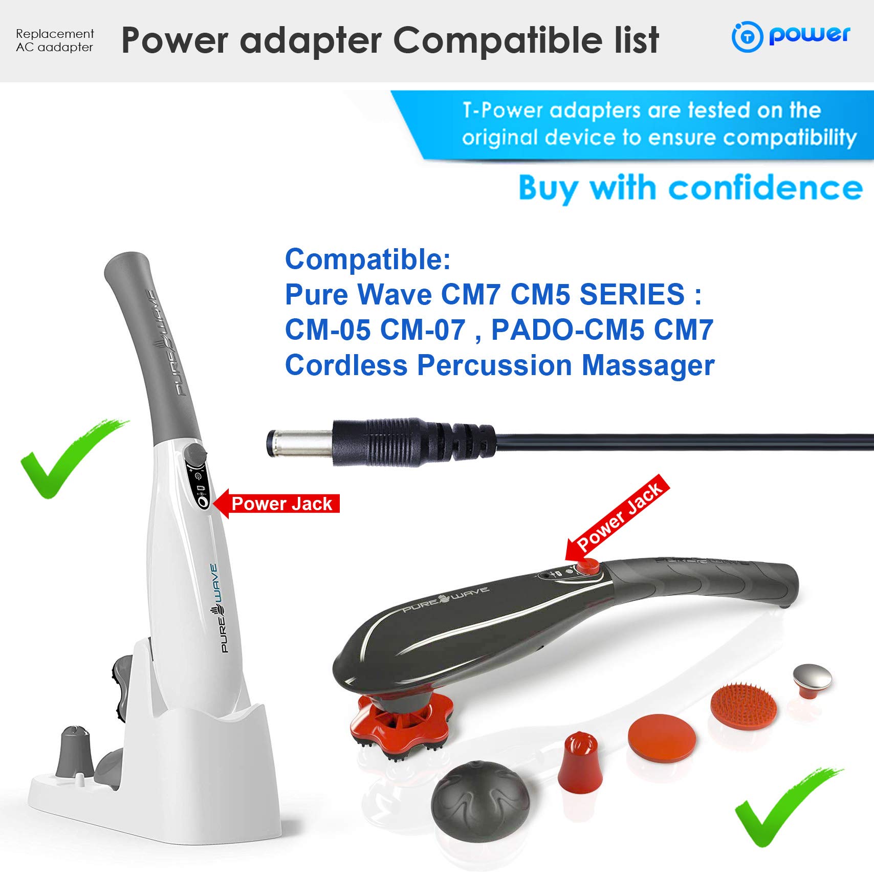 T-Power Charger for Pure-Wave by Pado CM-05 CM-07 Series, Vivreal LY-651A LY651A Cordless Percussion Dual Motor Therapy Massager Ac Dc Adapter Power Supply