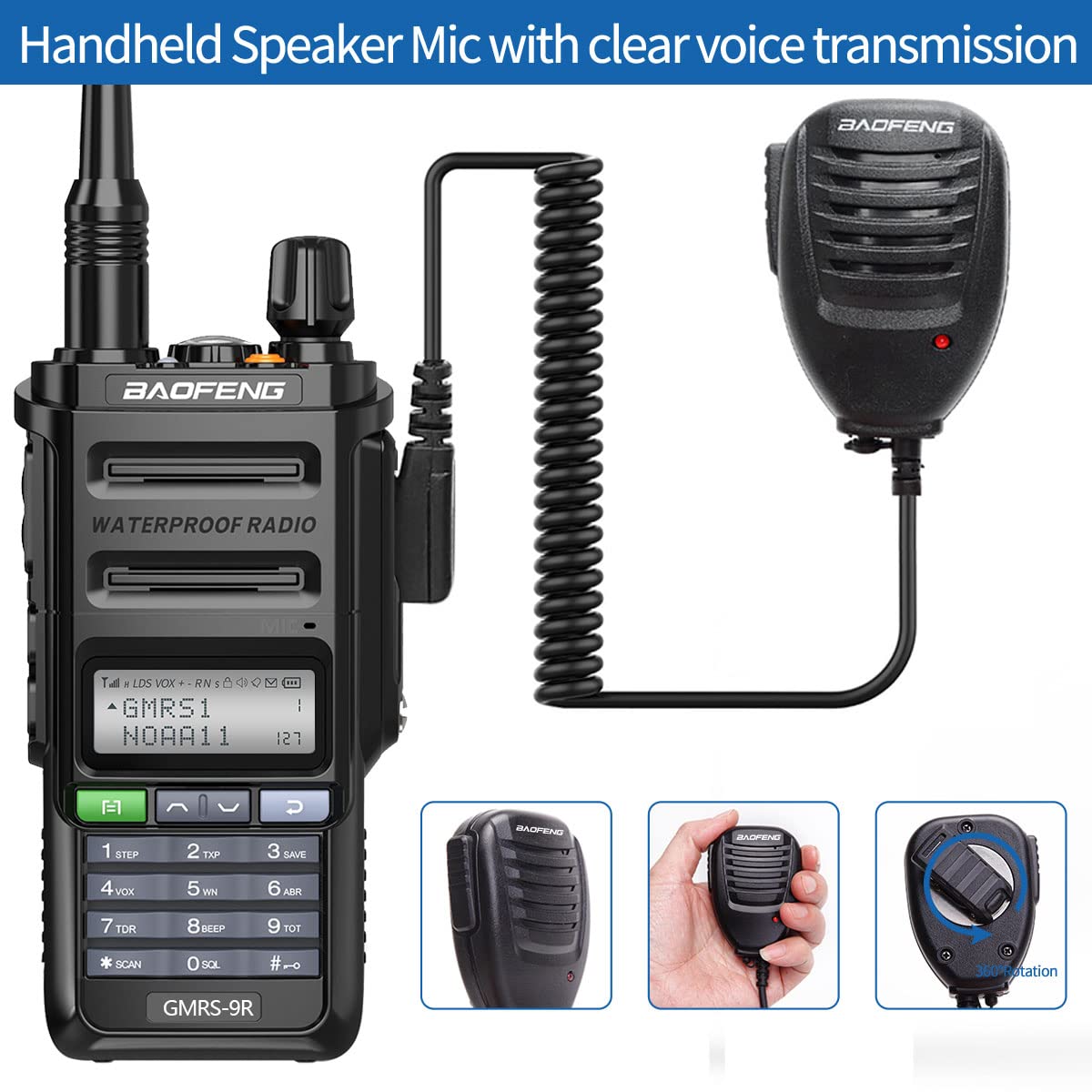 Baofeng GMRS-9R GMRS Radio Waterproof IP67 Two Way Radios Rechargeable Walkie Talkies Long Range NOAA Weather Alerts Scan With extra Battery,Programming Cable,Tactical Antenna,Speaker Mic,Tactical Bag
