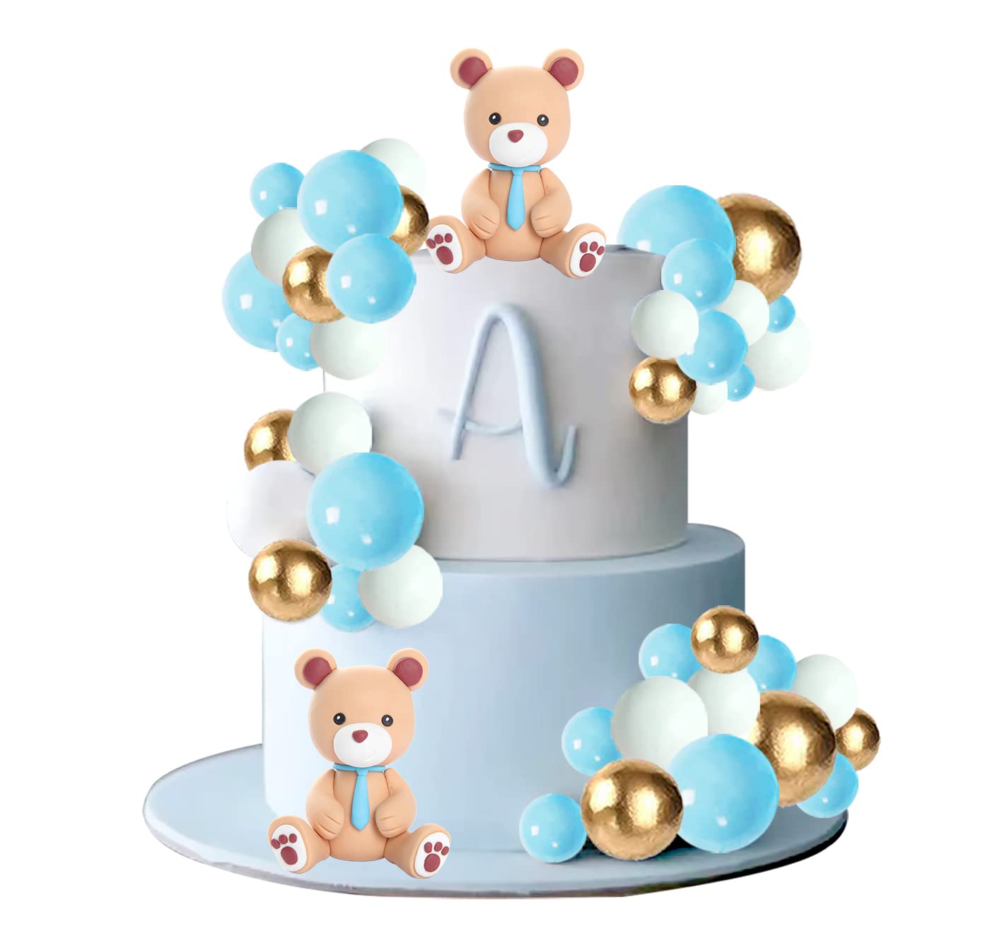 Bear Cake Toppers With Blue Gold White Cake Topper Mini Balloons, For Baby Shower Gender Reveal Party Birthday Party Bear Theme Party Supplies (Blue)