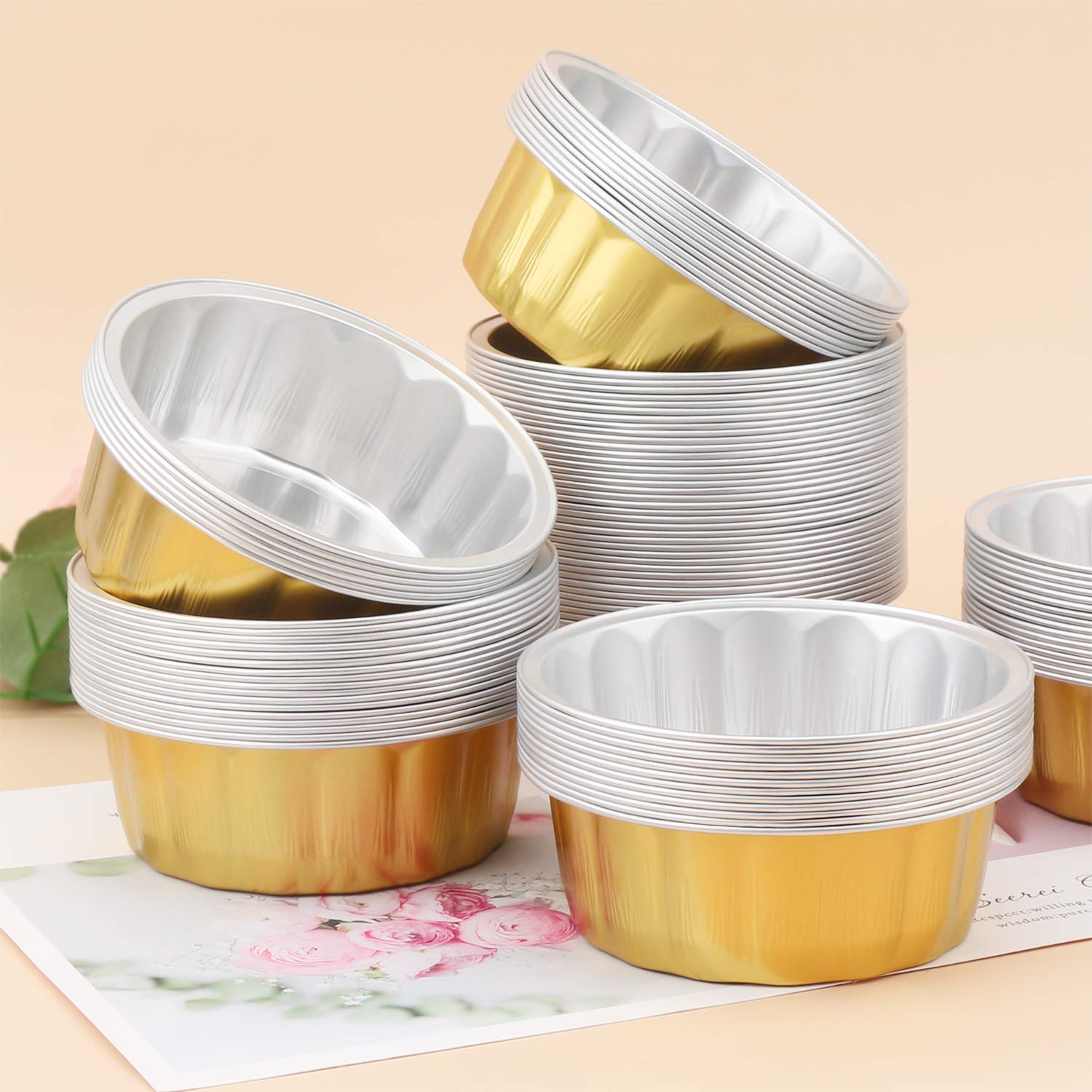 Beasea 8 oz 100 Pack Aluminum Ramekins, Disposable Ramekins Foil Cups Baking Utility 3.9" Ramekin Cup Muffin Cupcake Aluminum Baking Cup Mini Pudding Souffle Cups for Party Wedding Birthday - Gold