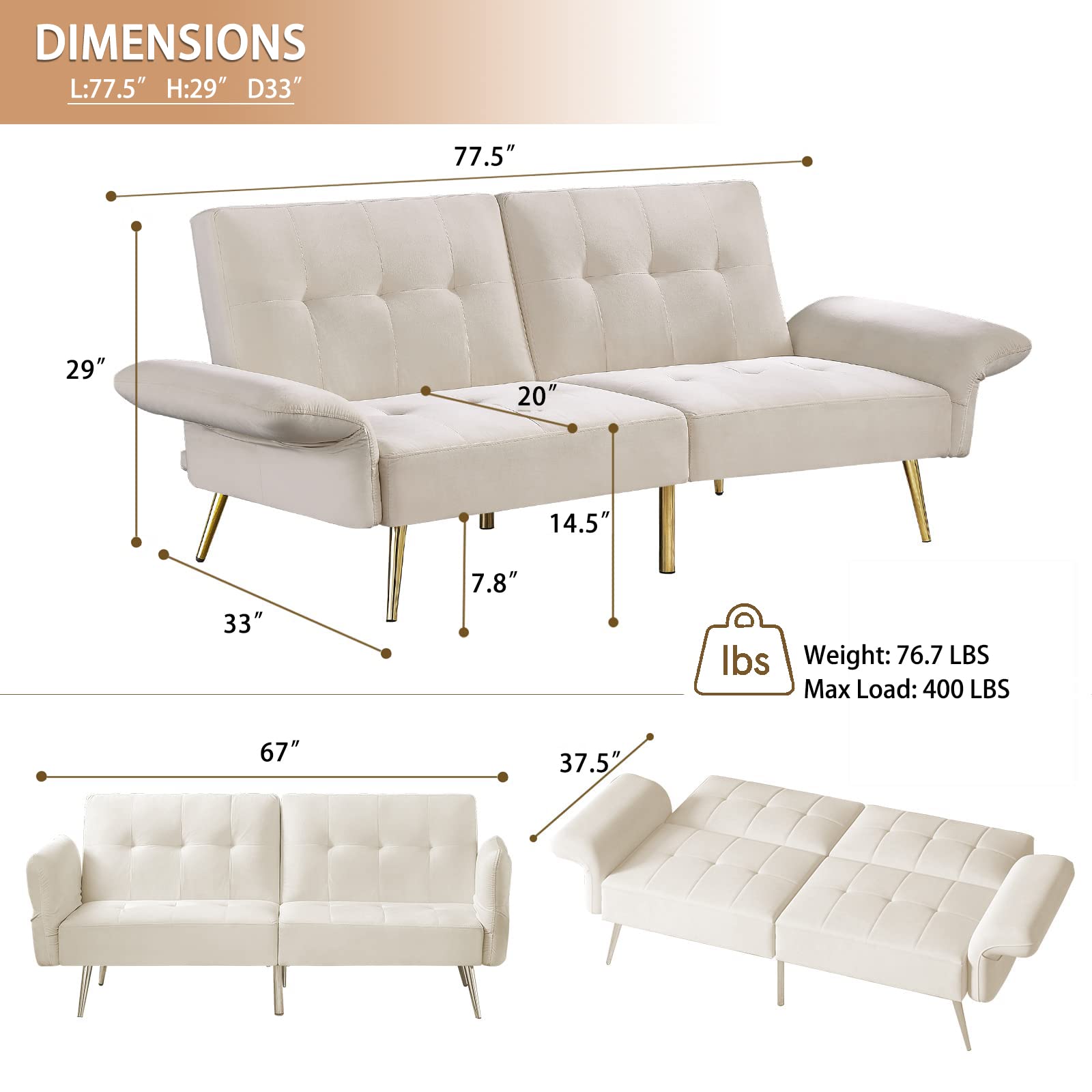 FCNEHLM 77.5” Futon Sofa Bed, Velvet Sofa Bed Futon Convertible Italian Velvet Futon Couch with Foldable Armrests and Adjustable Backrests with Magazine Bags, Sleeper Sofa Bed for Living Room, Beige