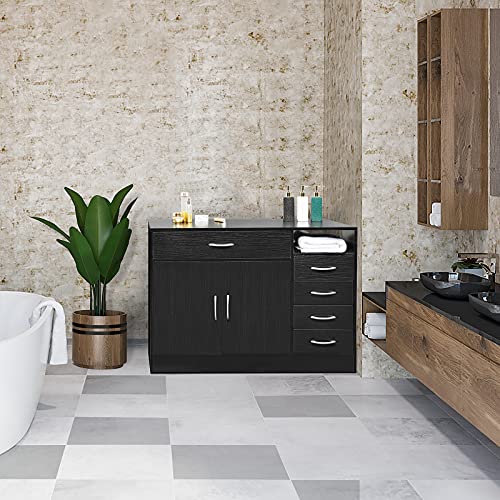 Bonnlo Storage Cabinet, 41" Wide Floor Cabinet Organizer with 5 Drawers and 2 Doors, Adjustable Shelf for Bathroom, Kitchen, Living Room, Bedroom, Laundry Room, Entryway, Office, Ample Space Black