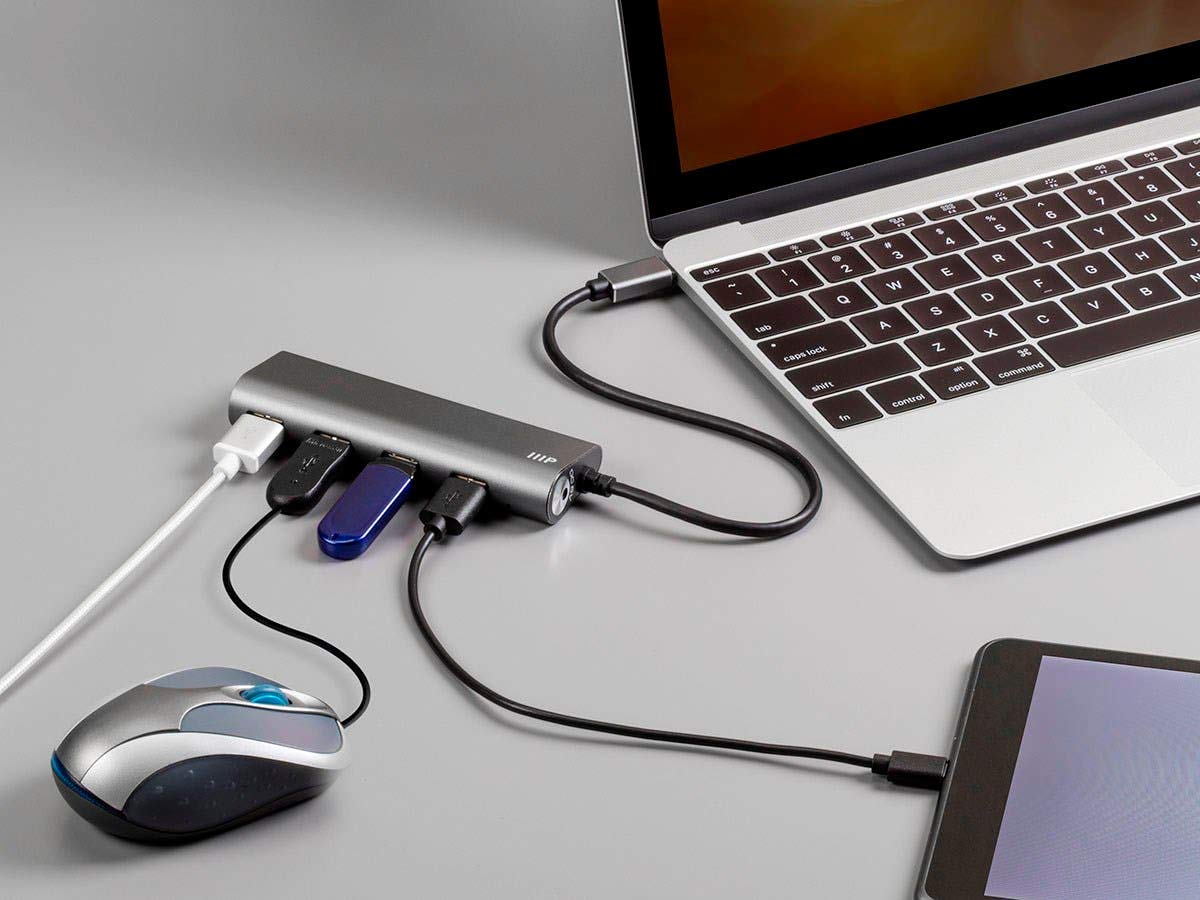 Monoprice 4 Port USB-C Hub - Aluminum, SuperSpeed Transfer Rates, Compatible With Apple MacBook, Google Chromebook & More, Gray