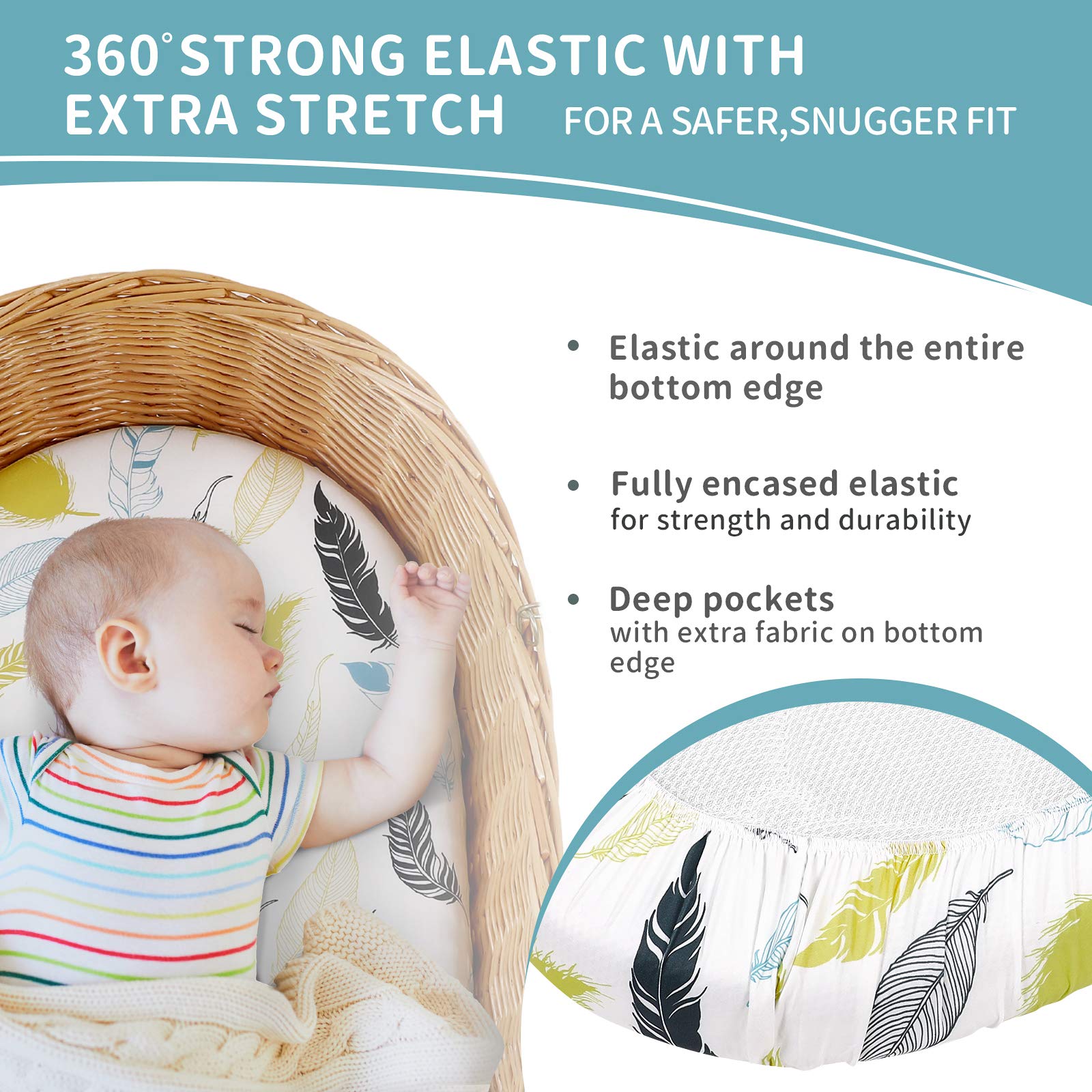 Bassinet Sheets Set for Baby Boy & Girl,Super Soft Breathable Halo Bassinet Fitted Sheets,Universal Cradle Sheets and Bassinet Pad/Mattress 3 Pack"Feather"