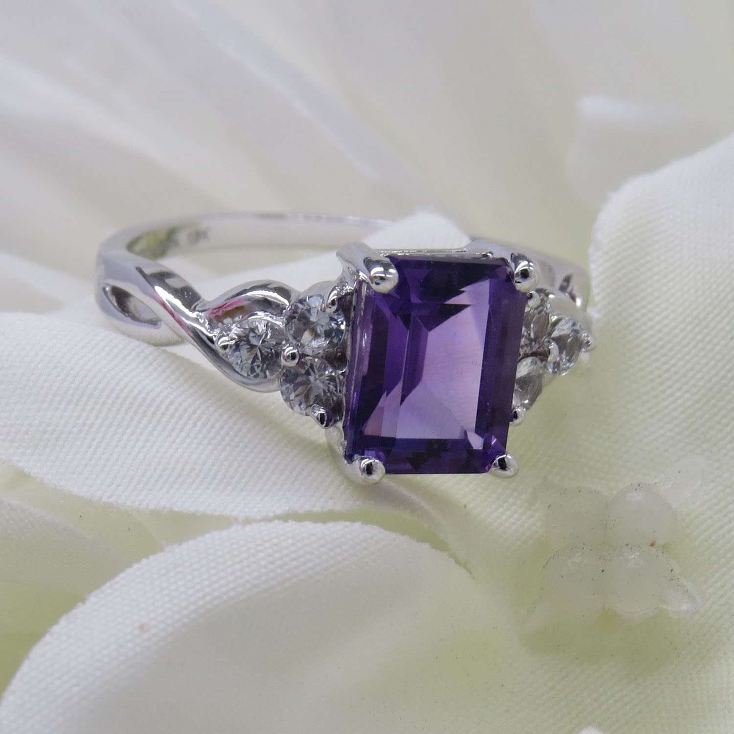 Dazzlingrock Collection 8X6 MM Emerald Cut Amethyst & Round White Sapphire Halo Engagement Ring for Her in 18K Solid White Gold, Size 8.5