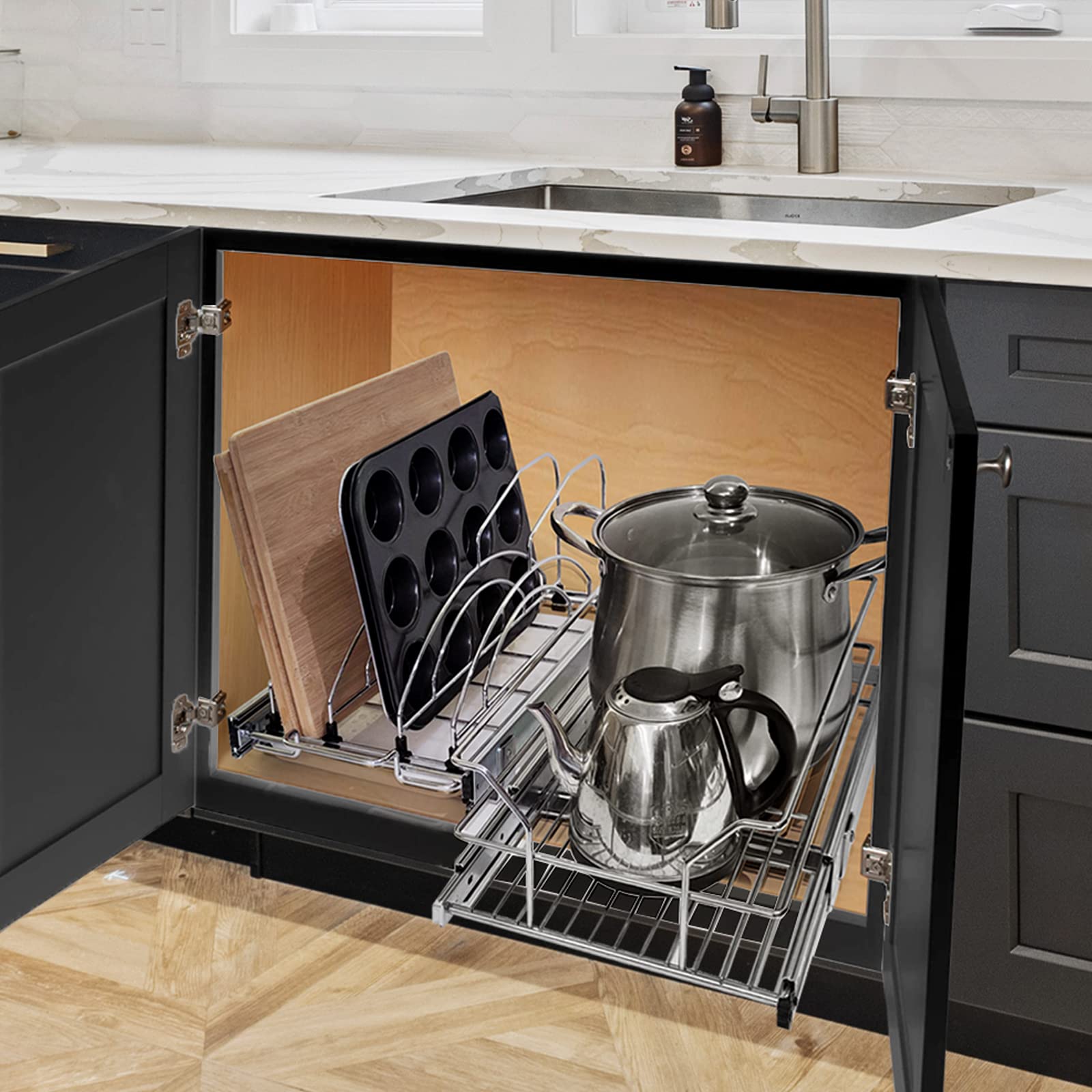 Atposh Pull Out Cabinet Organizer, Heavy Duty Single Wire Basket Pull Out Cabinet Sliding Drawer Organizer for Kitchen Base Cabinets, Chrome Finish 11" W x 21" D