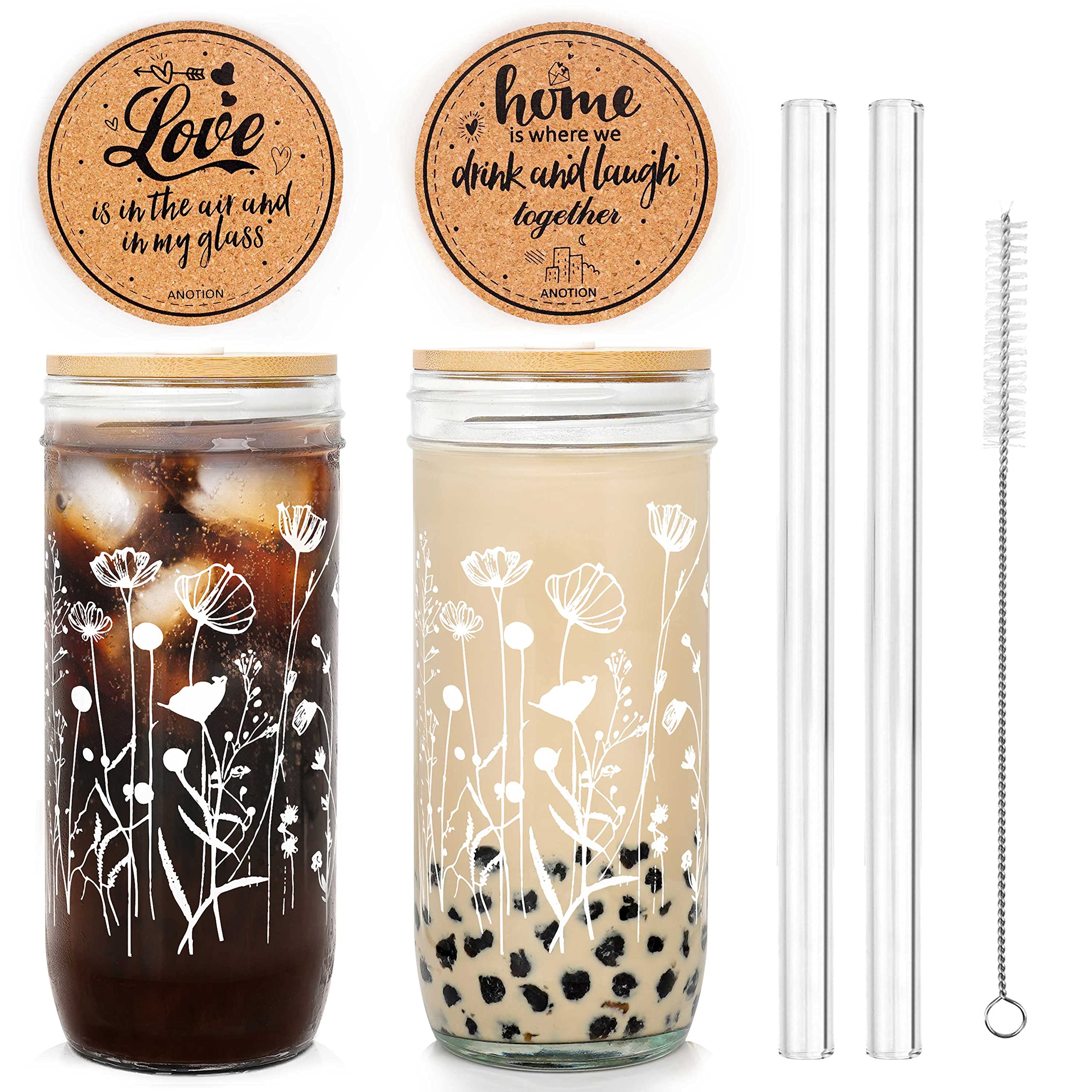 ANOTION Floral Coffee Cups, Mason Jars with Lids and Straws Glass Cups with Wildflower Bamboo Lid Iced Coffee Cups Tumbler Drinking Glasses Travel Coffee Mug Gift for Women Sister Mom