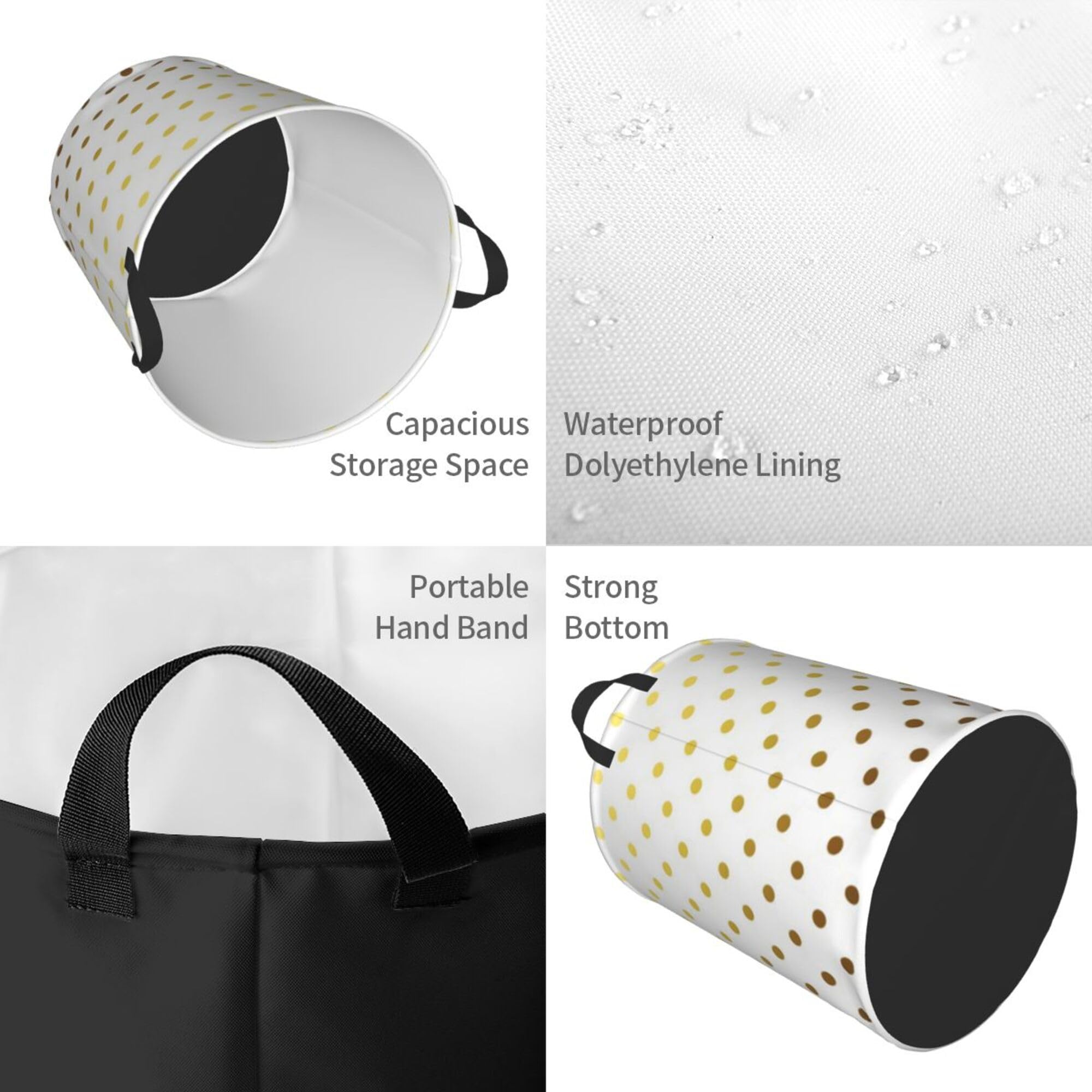 Large Laundry Basket, White Gold Polka Dot Laundry Hamper Bag 19.6" Collapsible Washing Bin With Handles for College Dorm, Family Essentials Storage
