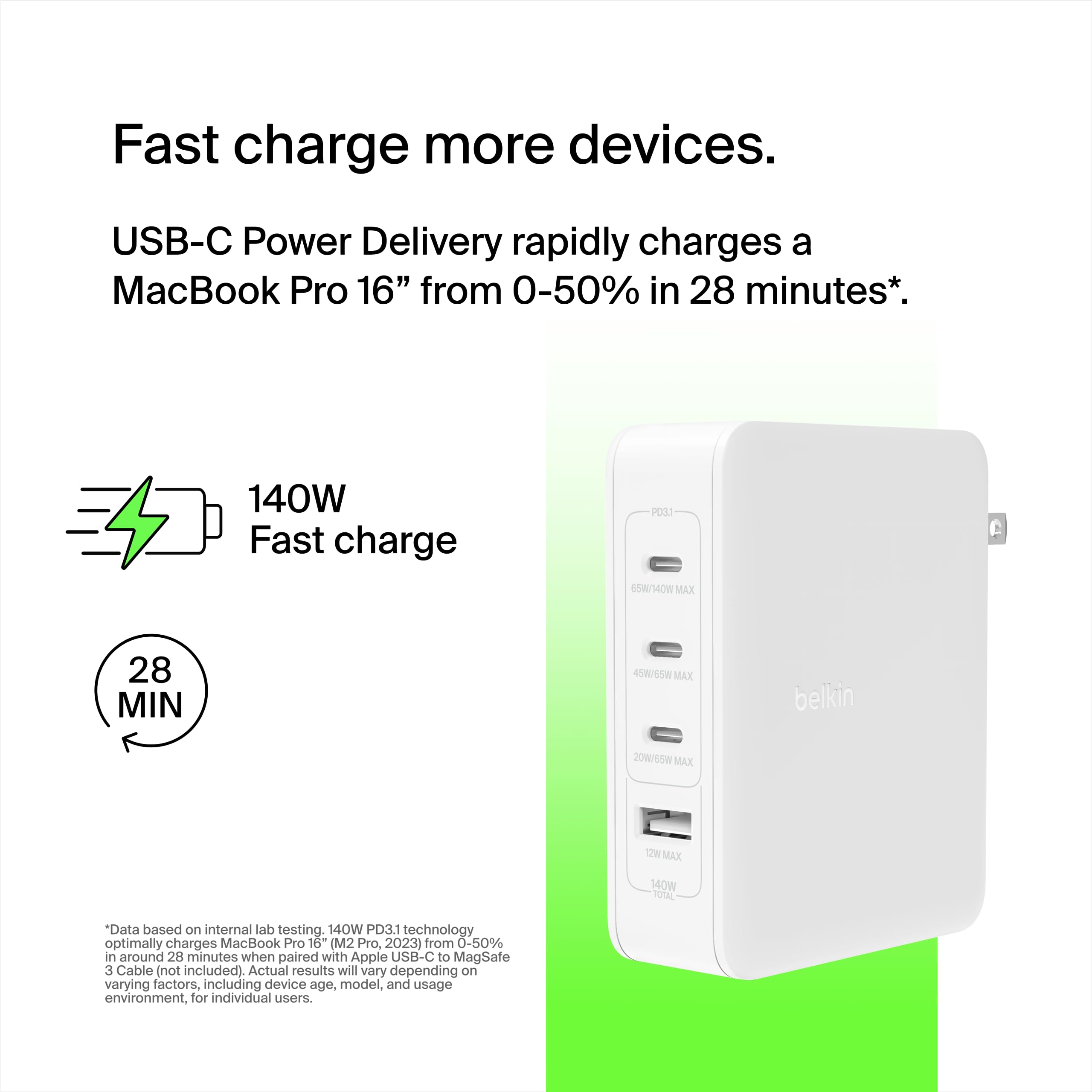 Belkin 140W 4-Port GaN Wall Charger, Multi-Port Charger Block w/USB-C Power Delivery Fast Charge & USB-A Port for Apple MacBook, iPhone 15 Series, iPad Pro, Samsung Galaxy S24, Google Pixel, & More