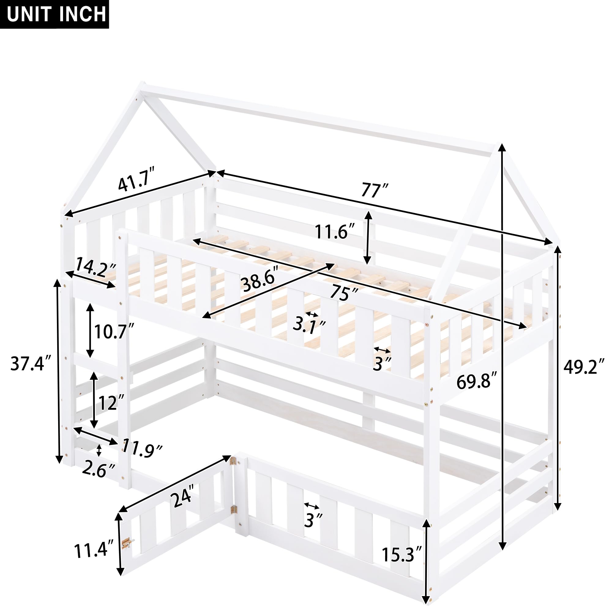 LZ LEISURE ZONE Twin Over Twin Bunk Bed, Wood Twin Size House Bed with Fence and Door, No Box Spring Needed, White
